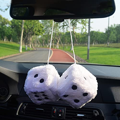 Pair 3β Purple with White Dots Mirror Fuzzy Plush Dice, Purple and White Soft Plush Car Decorative Hanging Ornament.