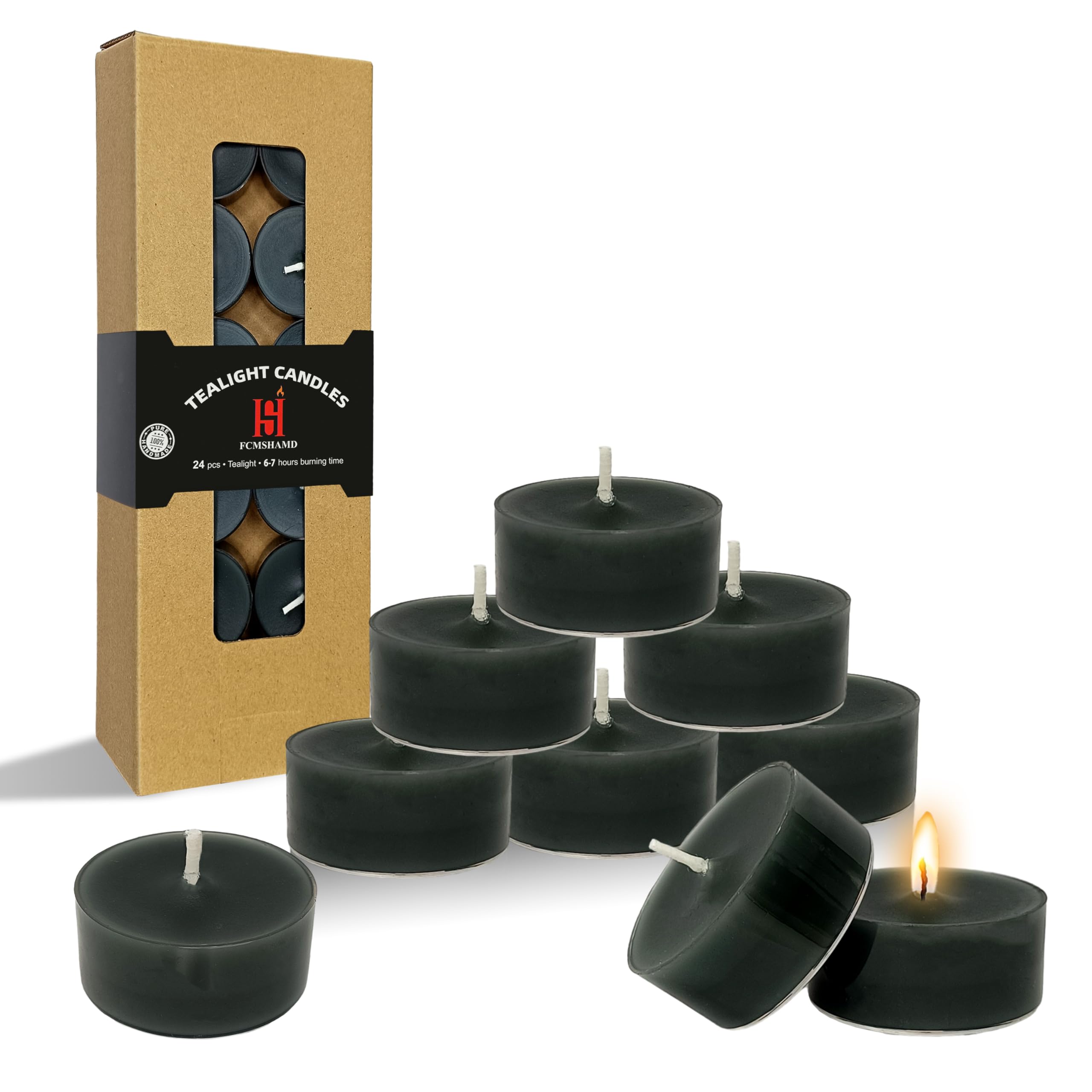 Smoked Sandalwood Scented Tealight Candles, Black Scent Tea Lights Candles Clear Cup, 24 Pack Colored Tealights Candle, 6 Hour Burn Time Tea Candles for Halloween, Festival, Party, Decor