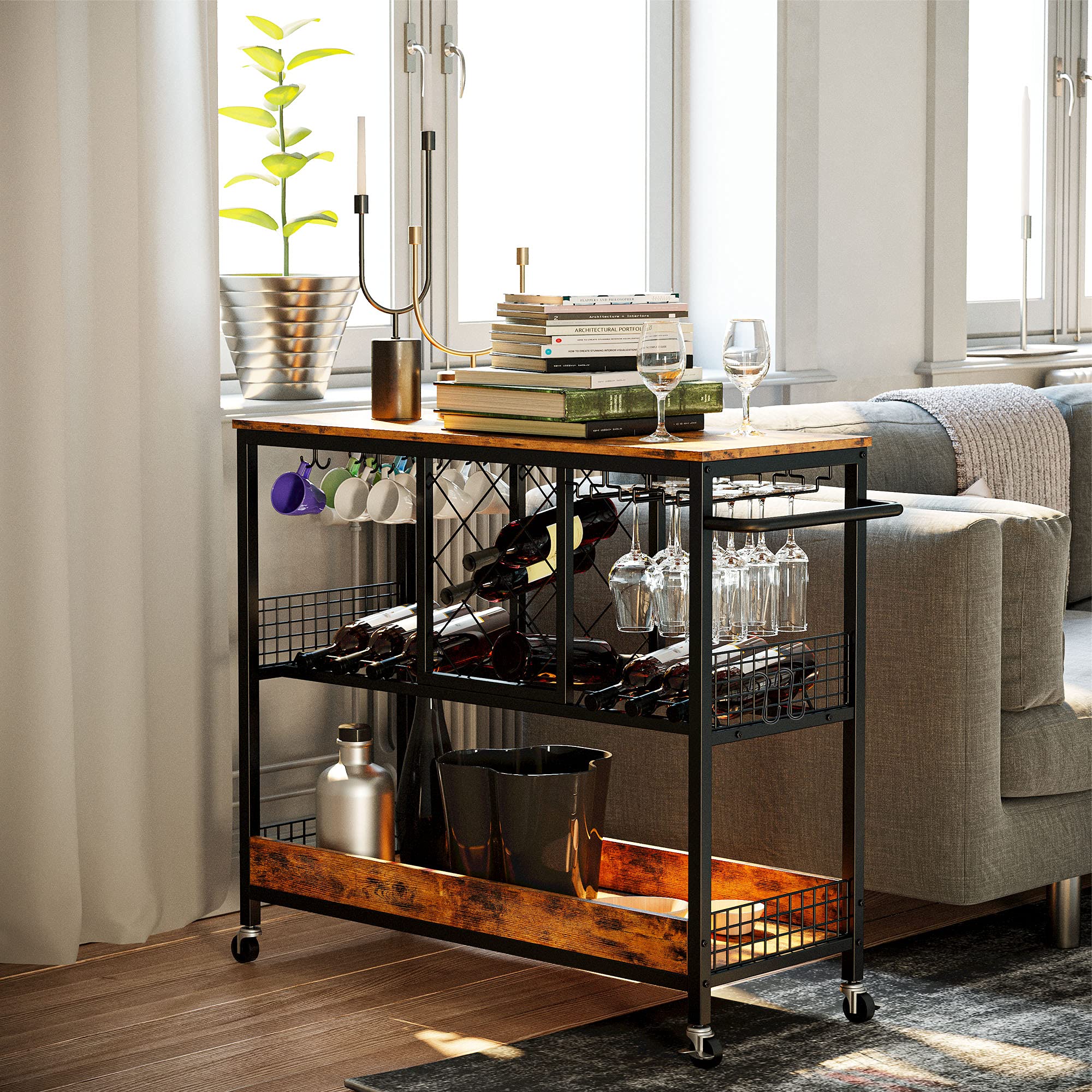 IRONCK Bar Cart, Serving Cart with Wine Rack Glasses Holder Kitchen Cart on Wheels Wood and Metal Frame, Vintage Brown