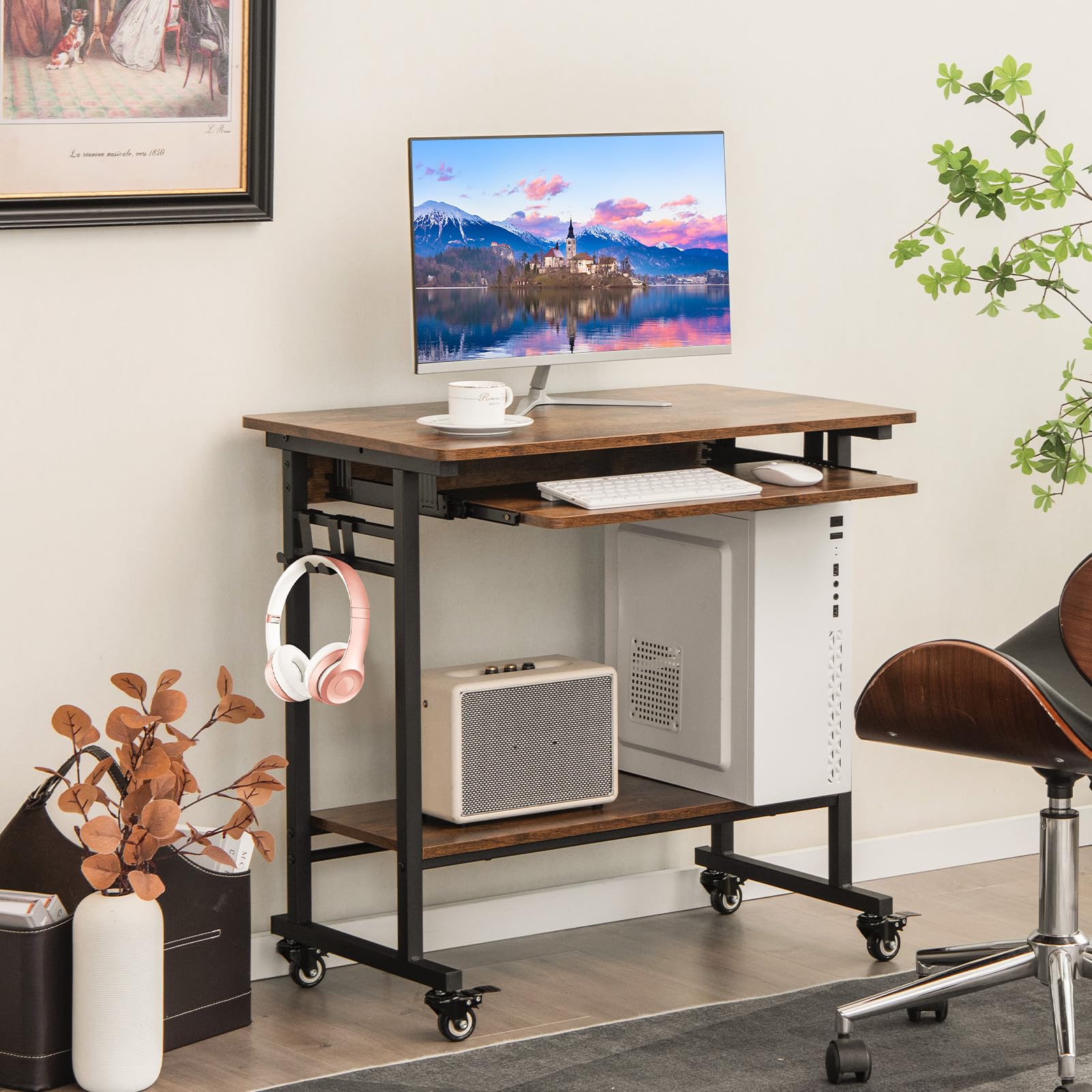 Julimoon Rolling Computer Desk, Mobile Desk with Keyboard Tray & Mouse Tray, Portable Laptop Cart with Shelf & Hooks, Small Desk for Small Spaces, Study Table for Bedroom, Apartment, Home Office Desk