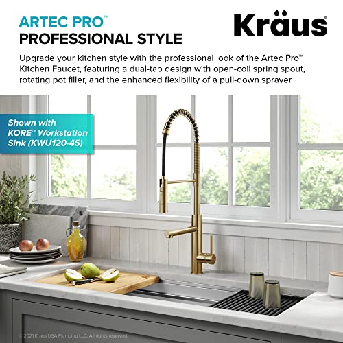 KRAUS Artec Pro (2nd Gen) Commercial Style Pull-Down Single Handle Kitchen Faucet with Pot Filler in Brushed Brass, KPF-1604BB