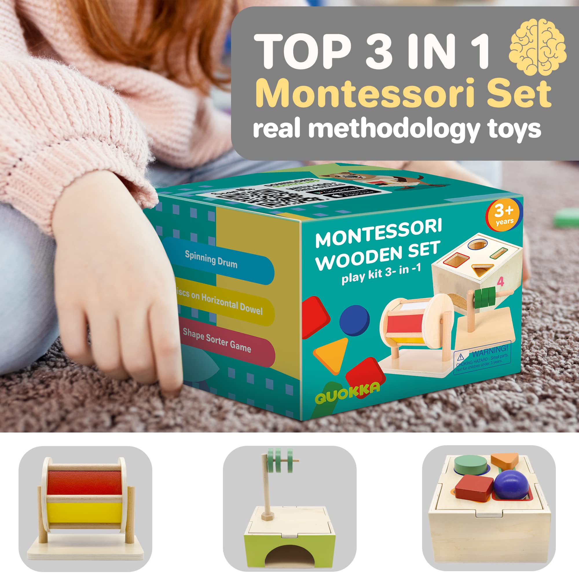 QUOKKA Montessori Toys for Babies 12 Months - Orange Shape Sorter Toys for Toddlers 1 2 3 Year Old | Rainbow Spinning Drum | Sorting Cube | Discs on Dowel | Wooden Learning Educational Game