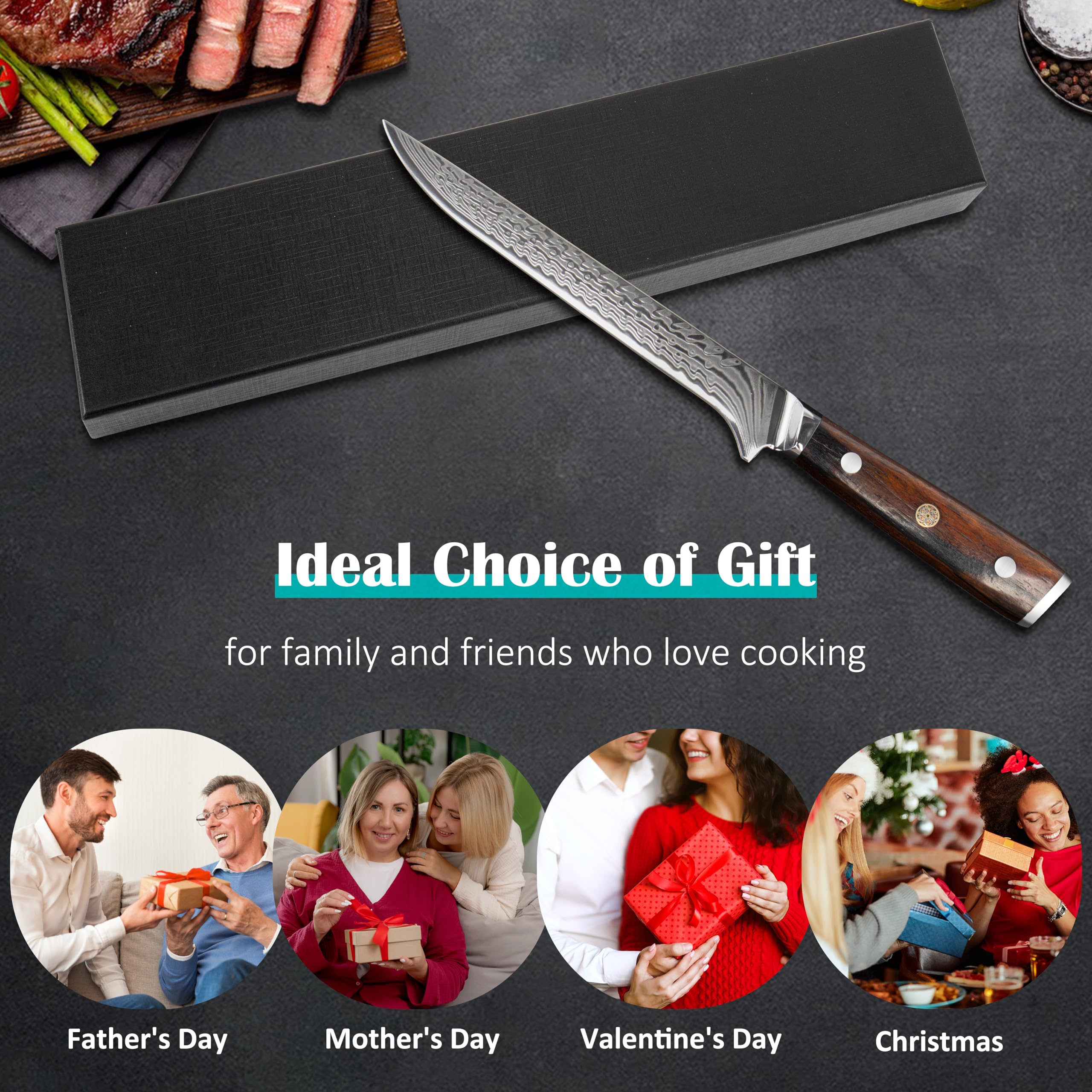 RedCall Boning & Fillet Knife,Ultra Sharp Japanese Boning Knife,Damascus Steel Butchers Knife,Full Tang & Ergonomic Handle Ideal Gift