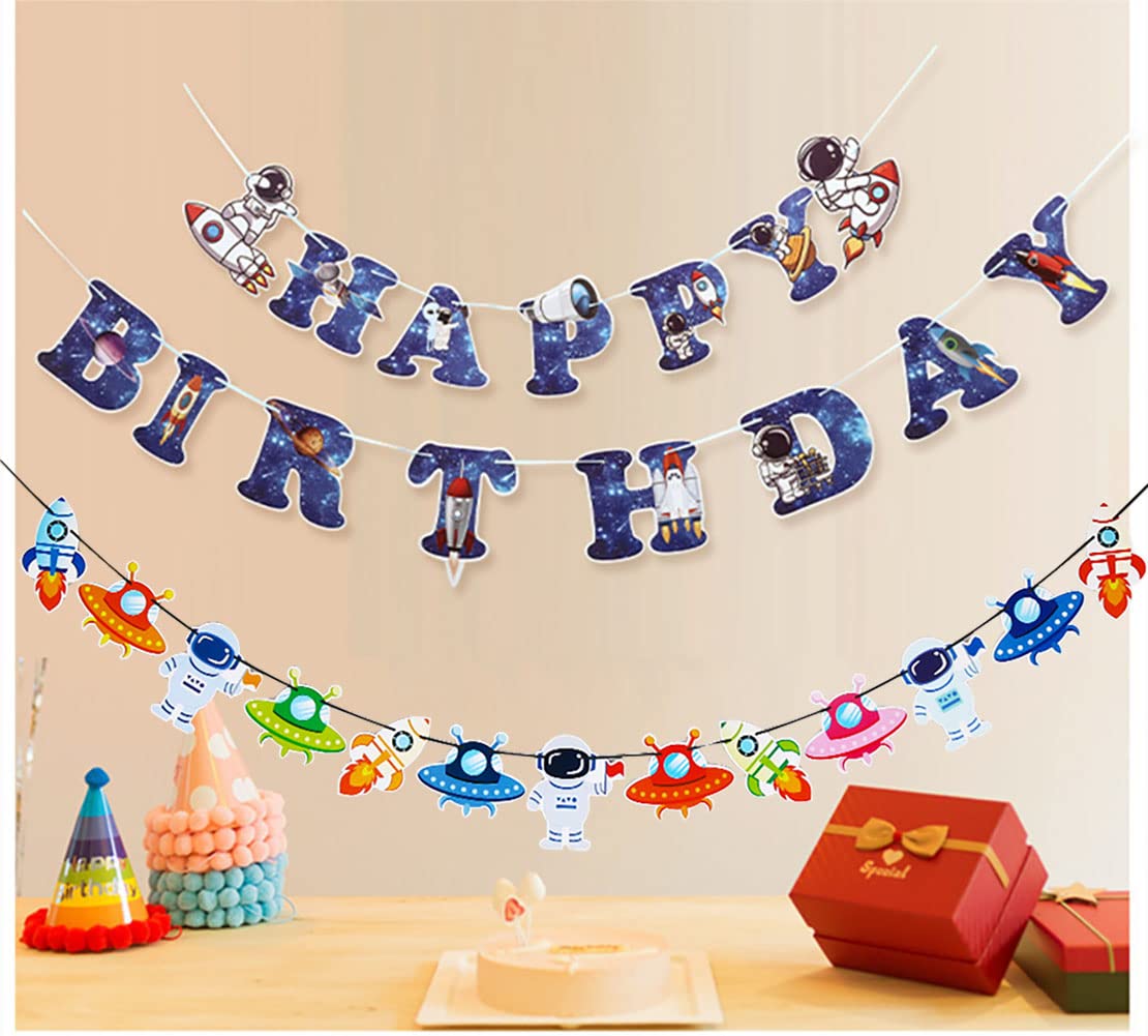 Outer Space Birthday Party Decorations Outer Space Happy Birthday Banner with Outer Spaceship Bunting Garland for Kids Boy Galaxy Planet Universe Outer Space Theme Party Decorations Supplies