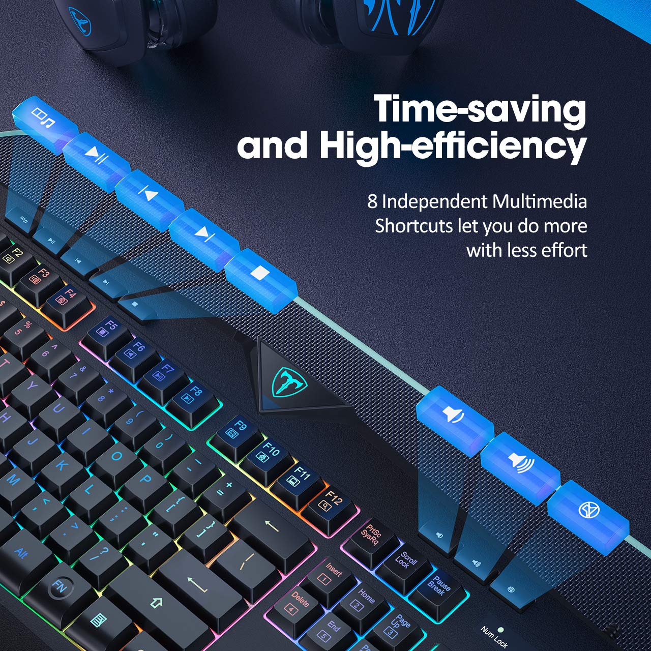 Membrane Gaming Keyboard, YoChic Rainbow LED Backlit Quiet USB Wired 104 Silent Keys, Crater Architecture, 25 Anti-Ghosting Spill-Resistant Computer Keyboard for Desktop, Computer, PC, Black