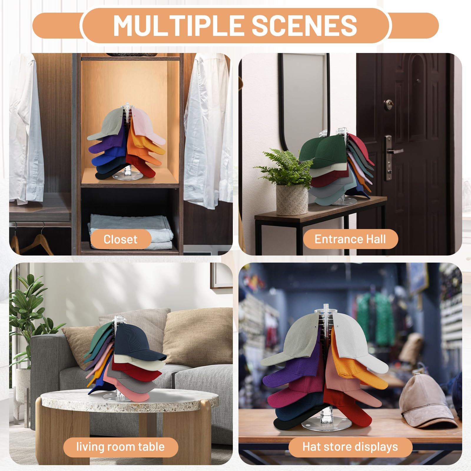 ZDDGNN Hat Stand for Baseball Caps,Hat Holder Organizer No Install Acrylic Hat Racks Display Storage for 24 Baseball Caps,Rotatable Cap Organizer Hat Racks for Bedroom, Closet, Dresser, Clear