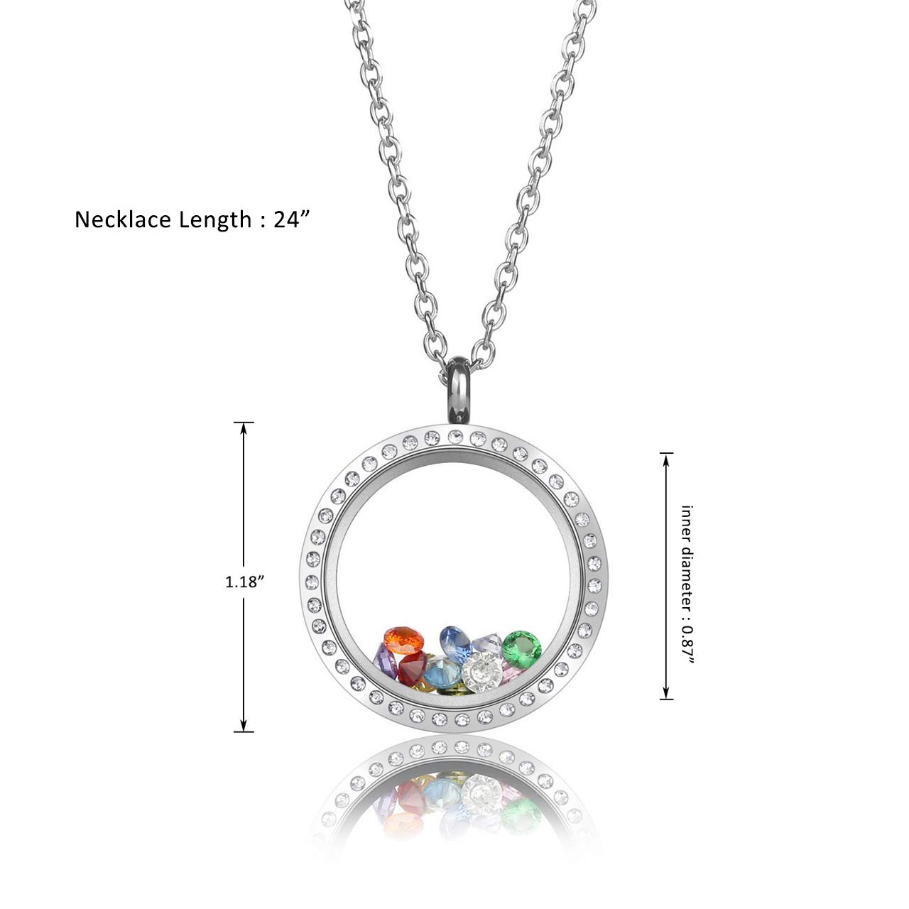 Jovivi 30mm Living Floating Memory Glass Locket Necklace - Stainless Steel Round Crystals Buckle Closure
