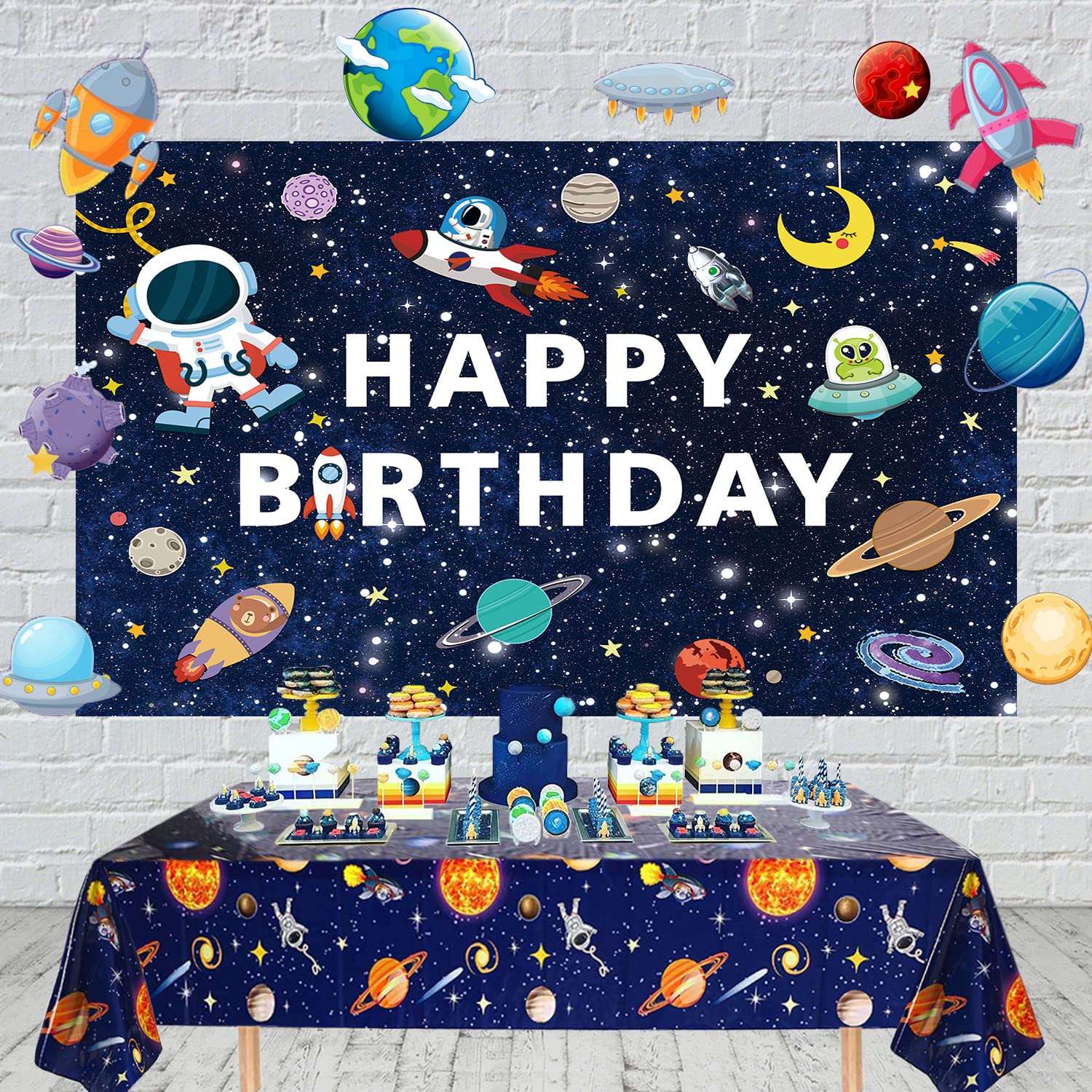 Outer Space Birthday Party Galaxy Solar System Backdrop Tablecloth Kit Rocket Astronaut Sun Planet Theme Tablecloth Boy Kids Party Decoration Supplies 5x3FT