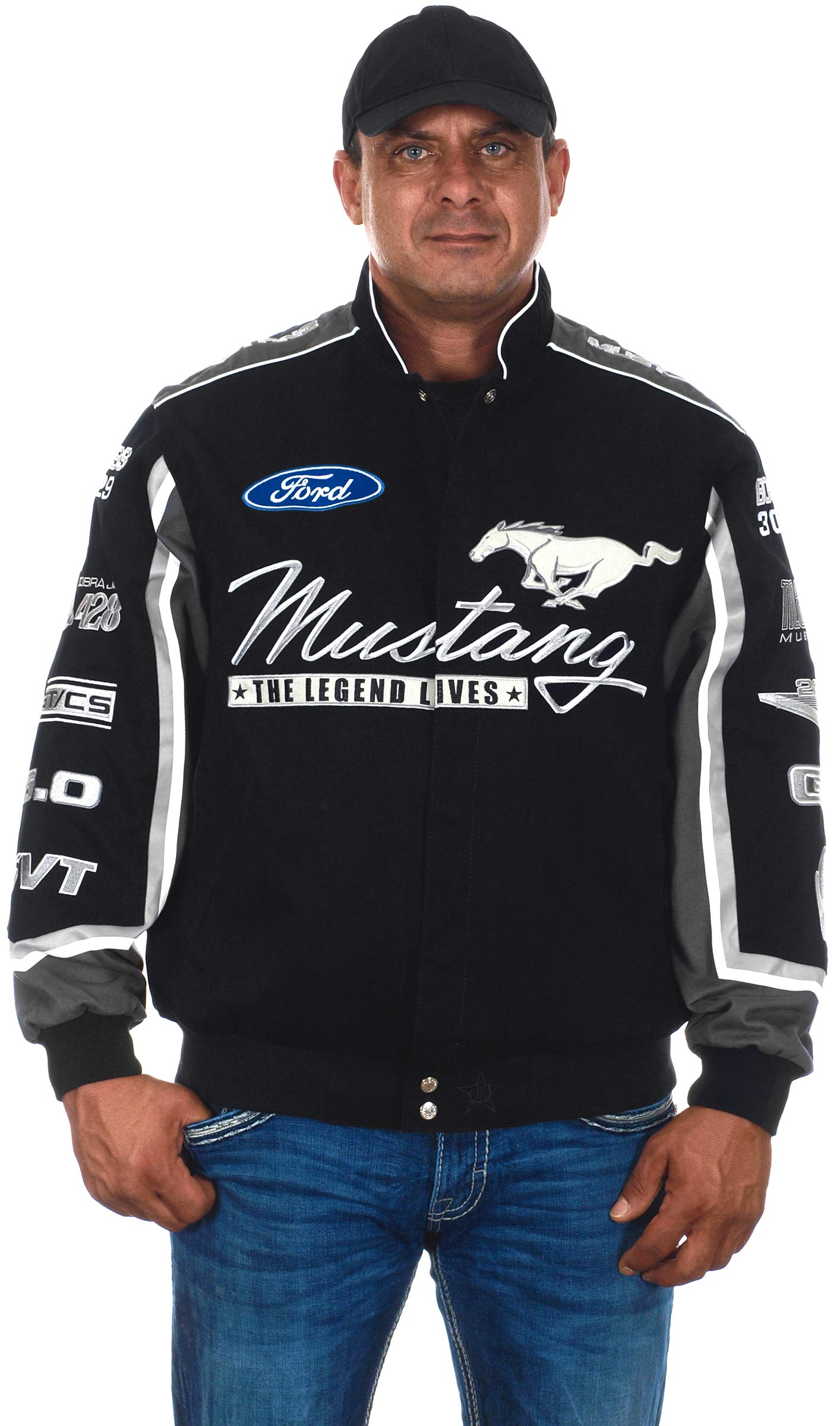 JH DESIGN GROUP Men's Ford Mustang Jacket an Embroidered Cotton Twill Coat (X-Large, CLG7-black)