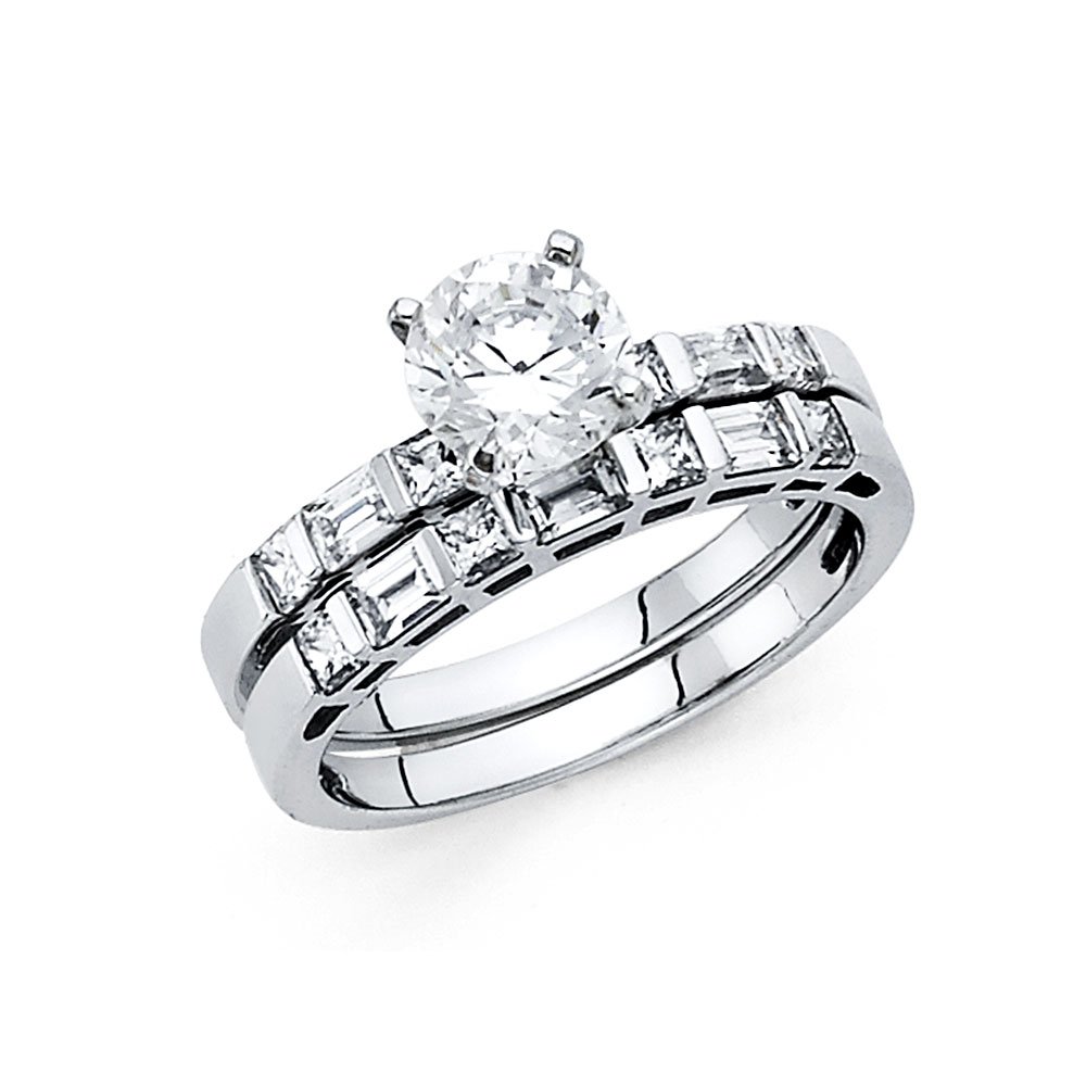 Jewels By Lux 14K White Gold Cubic Zirconia CZ Wedding Band and Engagement Bridal Ring Two Piece Set Size 5