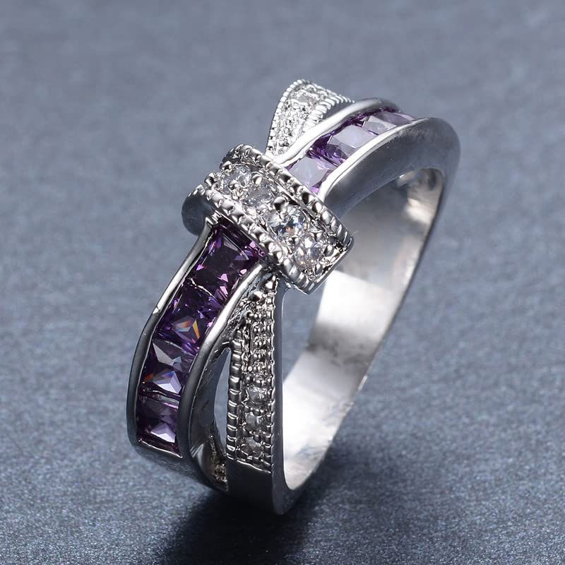 NP Silver Rings Personalized Engraved Cross-Finger Birthstone Ring Sterling Silver 925 Promise Ring for Her Wedding Band Ring Engagement Ring(Purple,7)
