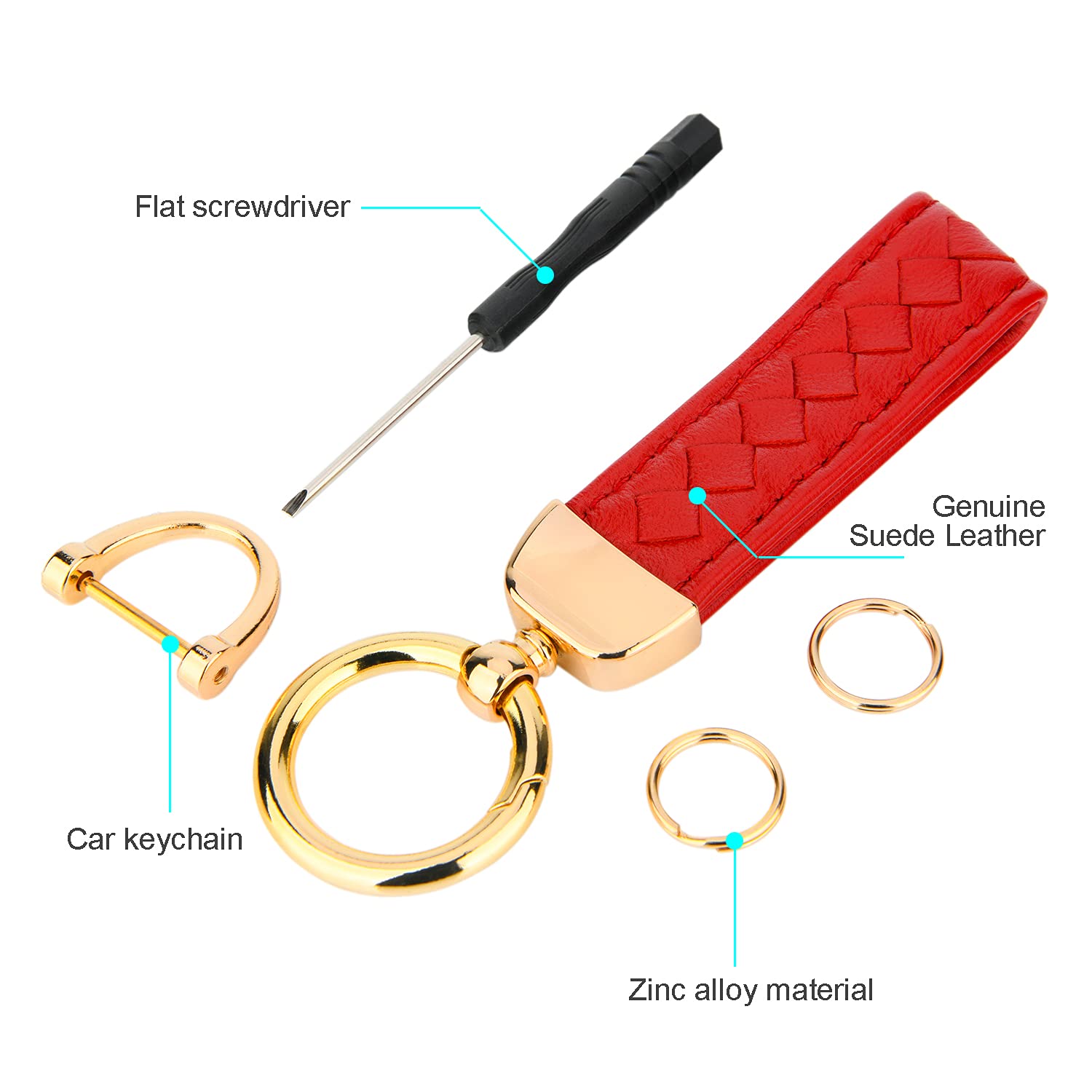Lemospark Suede Genuine Leather Hand Knitting Keychain with Detachable Key Rings for Car and Home Keys Holder for Women Men (D-Red)