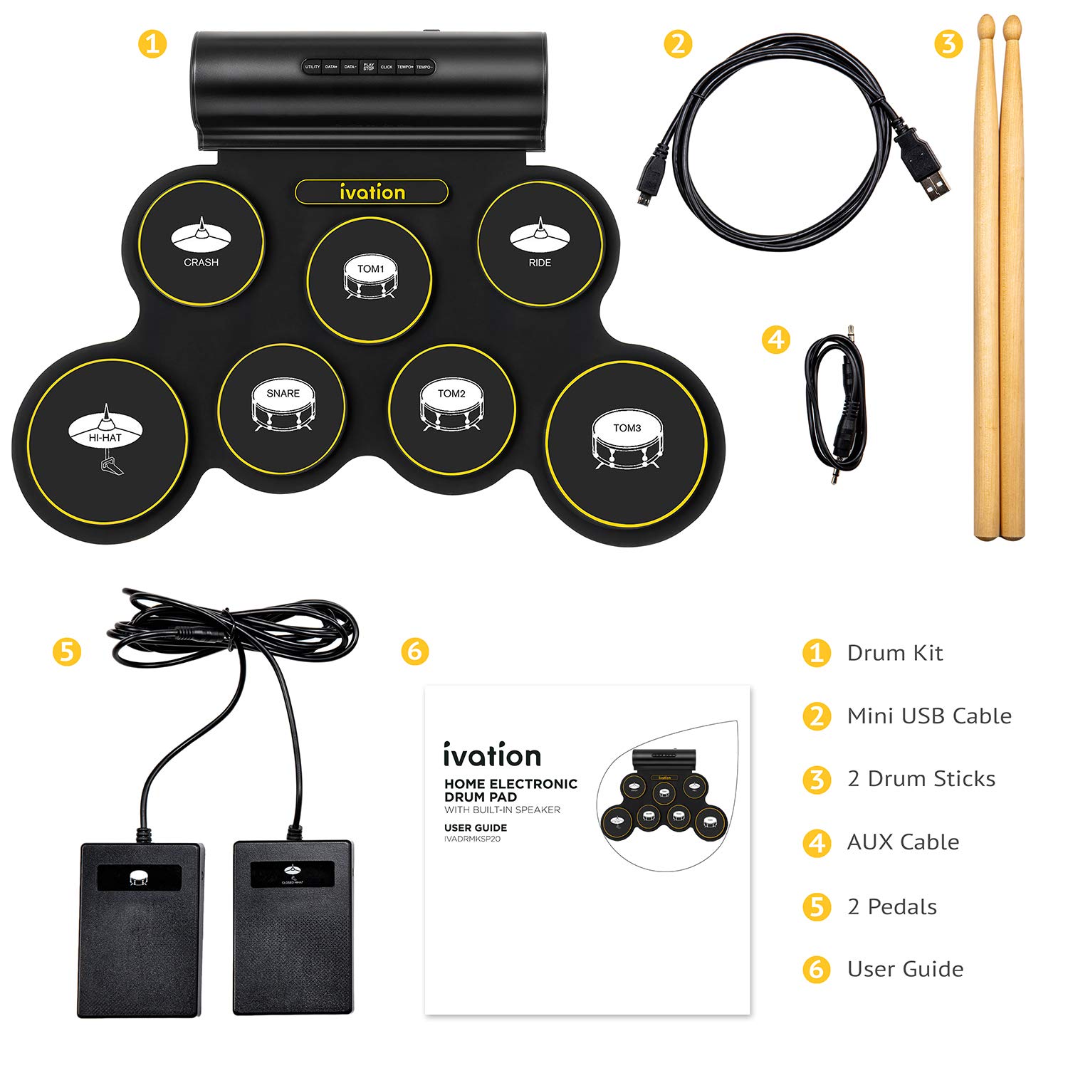 Ivation Portable Electronic Drum Pad - Built-in Speaker (DC Powered) - Digital Roll-Up Touch Sensitive Drum Practice Kit - 7 Labeled Pads and 2 Foot Pedals for Kids Children Beginners