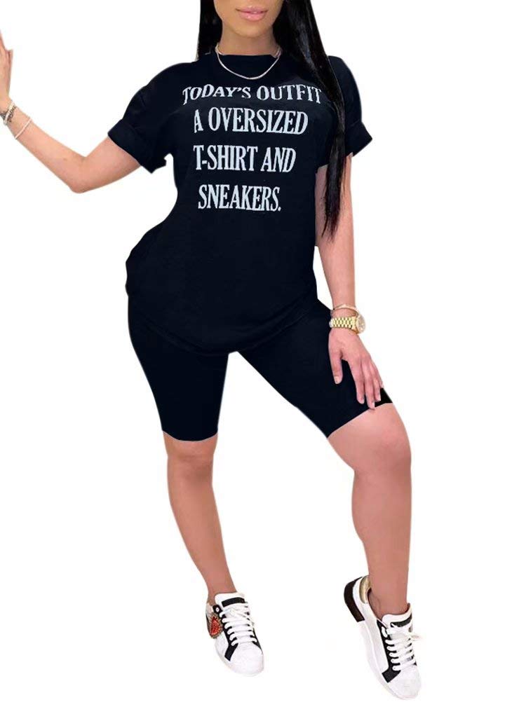 KOOBETON Womens Casual Solid Color 2 Piece Outfits Letter Print T Shirts Bodycon Shorts Tracksuits Black S