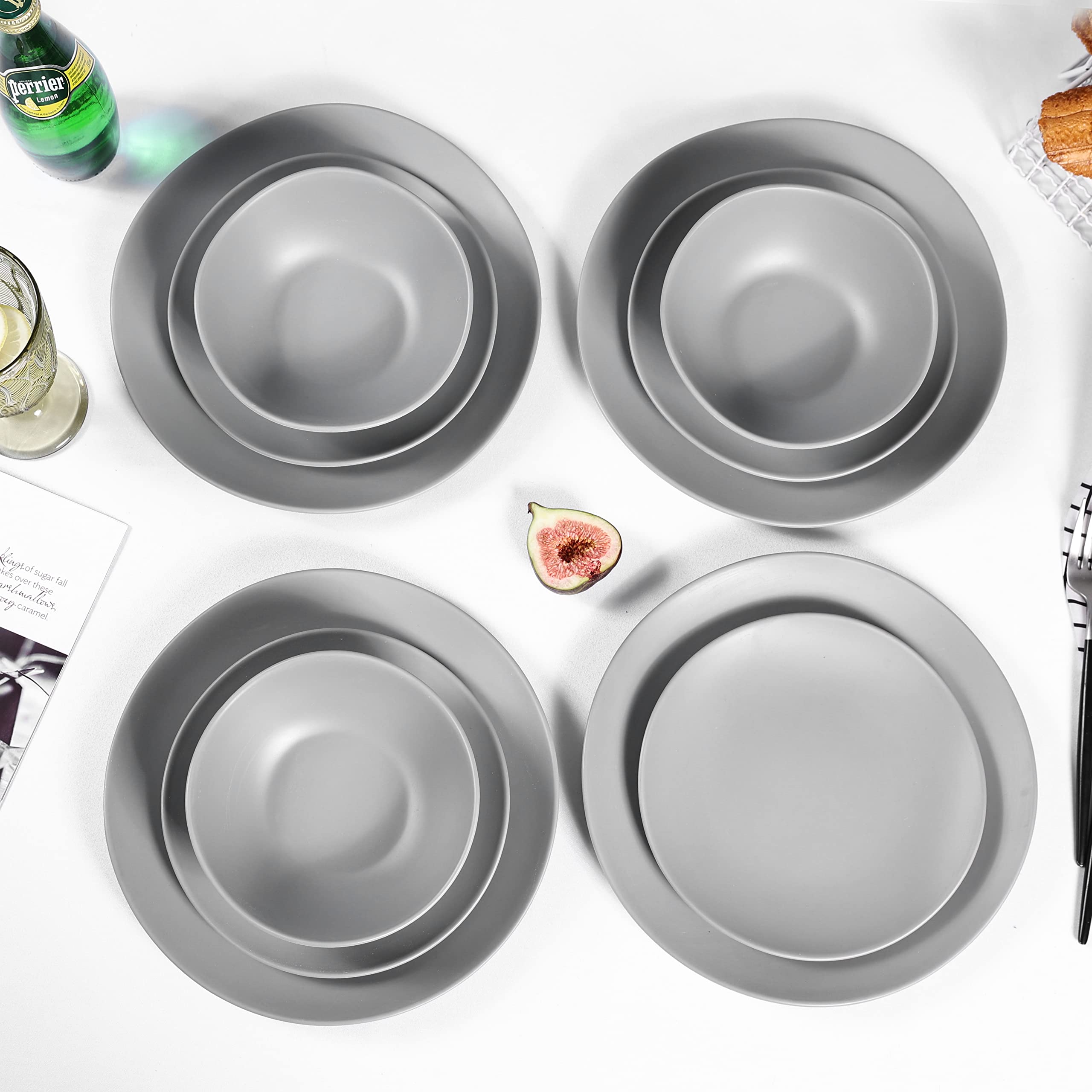 Irregular Melamine Dinnerware Sets-12 Piece Plates and Bowls Sets,Indoors and Outdoors Dinnerware,Service for 4,Dishwasher Safe,Grey