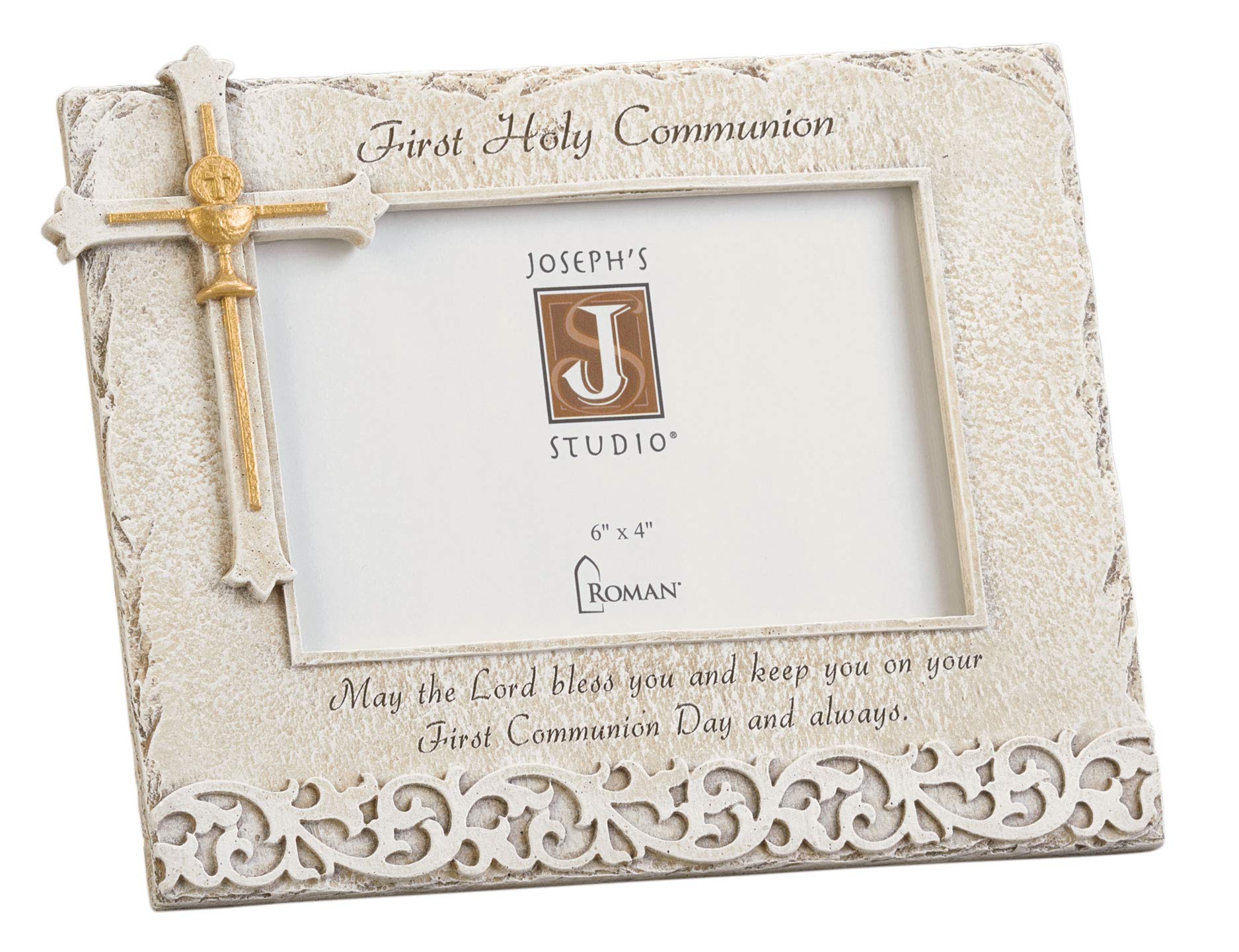 Joseph's Studio by Roman - First Communion Picture Frame for 6" x 4" Photo, Stone Finish, Horizontal Tabletop or Desk Display - 7" H, Resin and Stone, Decorative
