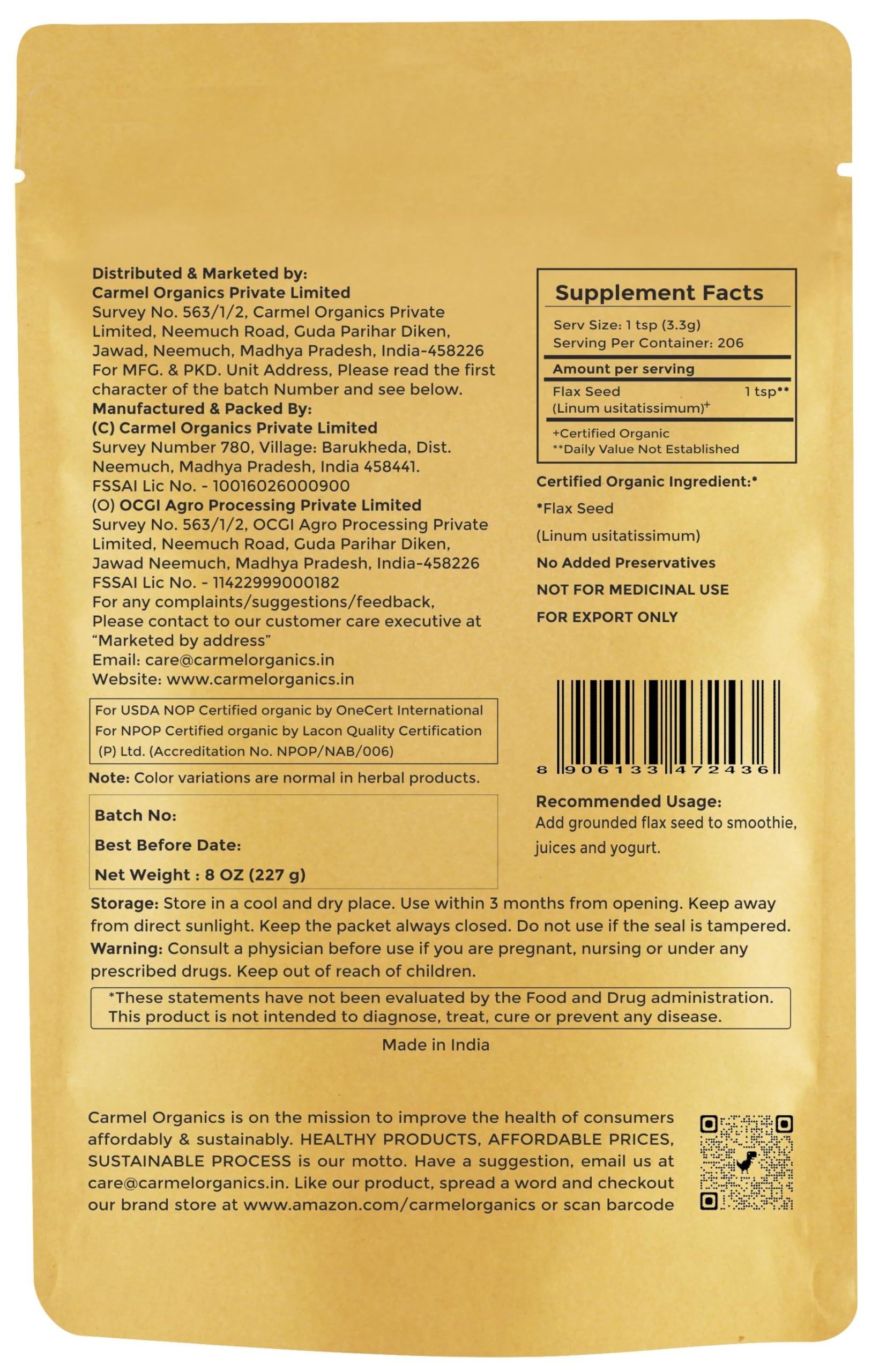 Organic Flax Seeds Whole 8 Ounce or 227g (0.5 Lb) | Non GMO | Kosher | USDA Certified Organic | By Carmel Organics | Unroasted Flax Seed | Plant Based | Linum usitatissimum