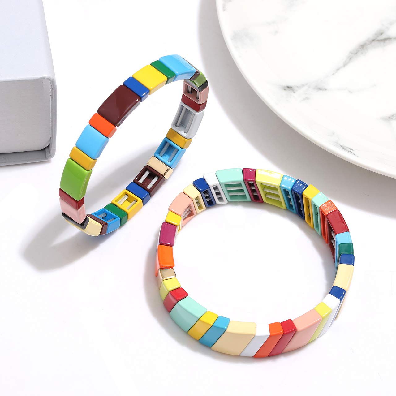 LENOOCLE Rainbow Enamel Tile Bracelet Colorful Enameled Beaded Stretch Bracelet Stackable Color-Block Strand Bracelet Set for Women Men (Rainbow light)
