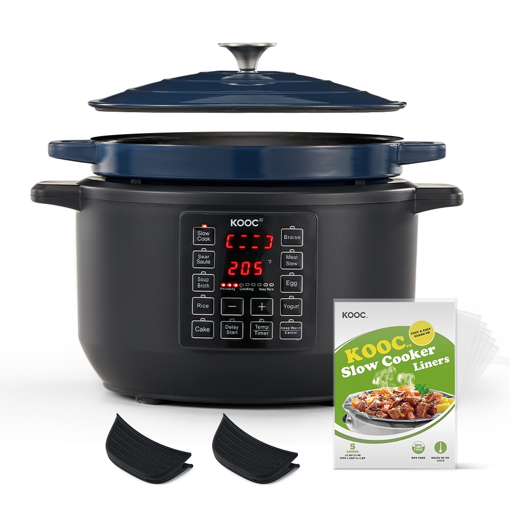 KOOC 10-in-1 Electric Slow Cooker, 6-Quart Blue, Slow Cook, Braise, Meat Stew, Sear/Sauté, Enameled Cast Iron with Self-Basting Lid, 1500W