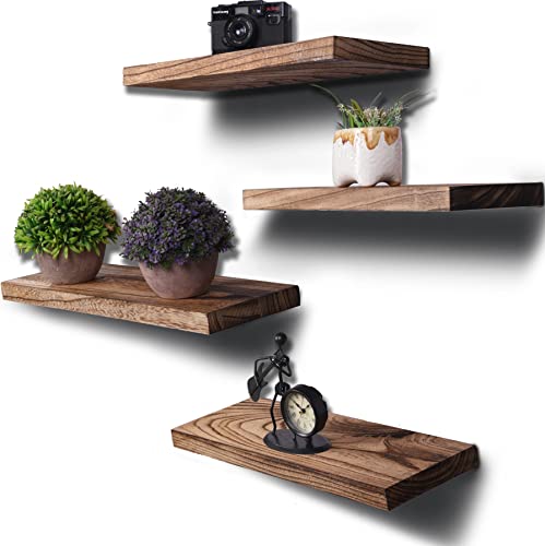 YYWUOJJ Wood Floating Shelves for Wall Decor, Rustic Wall Shelves for Bedroom Bathroom Kitchen Living Room, Set of 4 Light Walnut