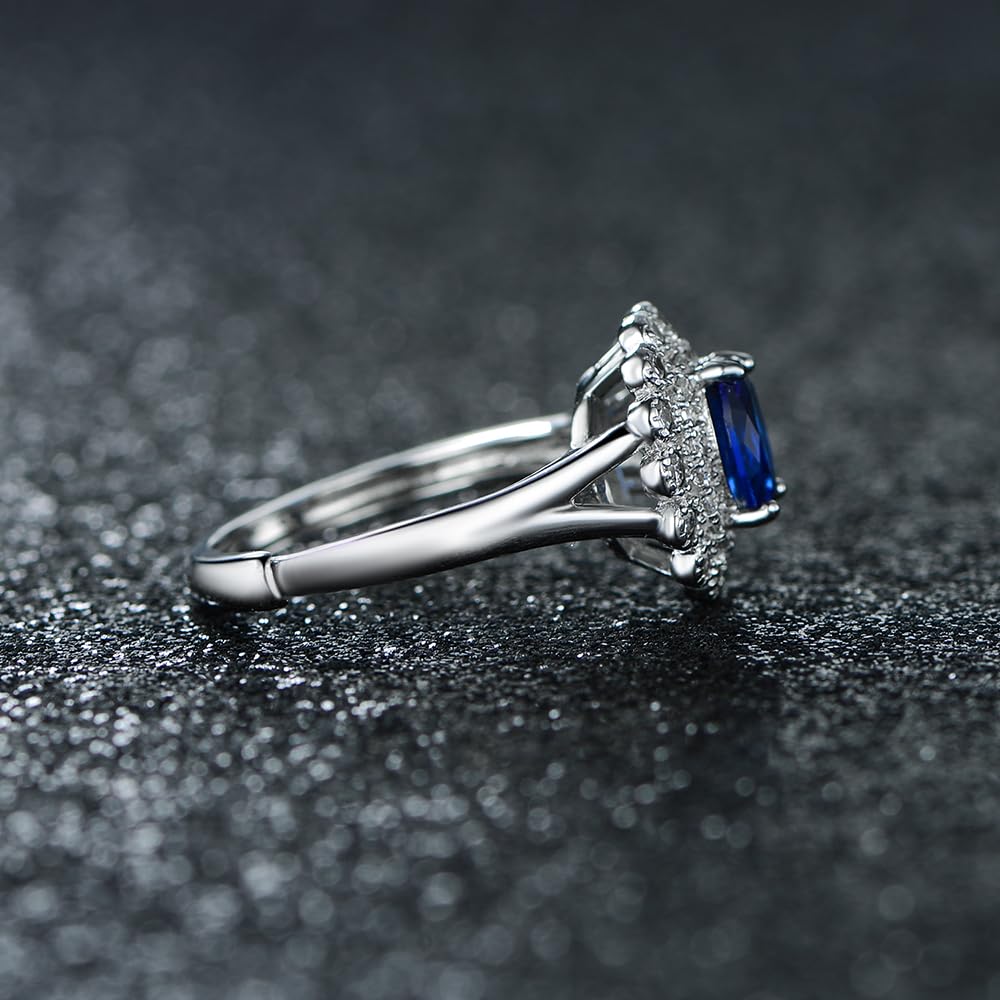 JIANGXIN 925 Sterling Silver Anniversary Ring Princess Diana Royal Engagement Platinum Plated Fine Jewelry for Women Adjustable size 6 7 8 9 (Created Blue Sapphire)
