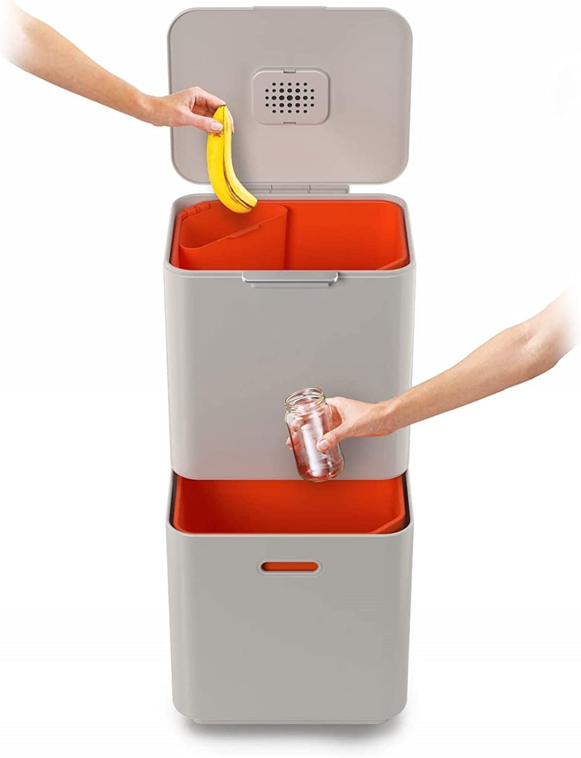 Joseph Joseph Totem Max 60 liter Waste Separation and Recycling Kitchen Trash Can with Odor filter and removable food waste caddy, Stone