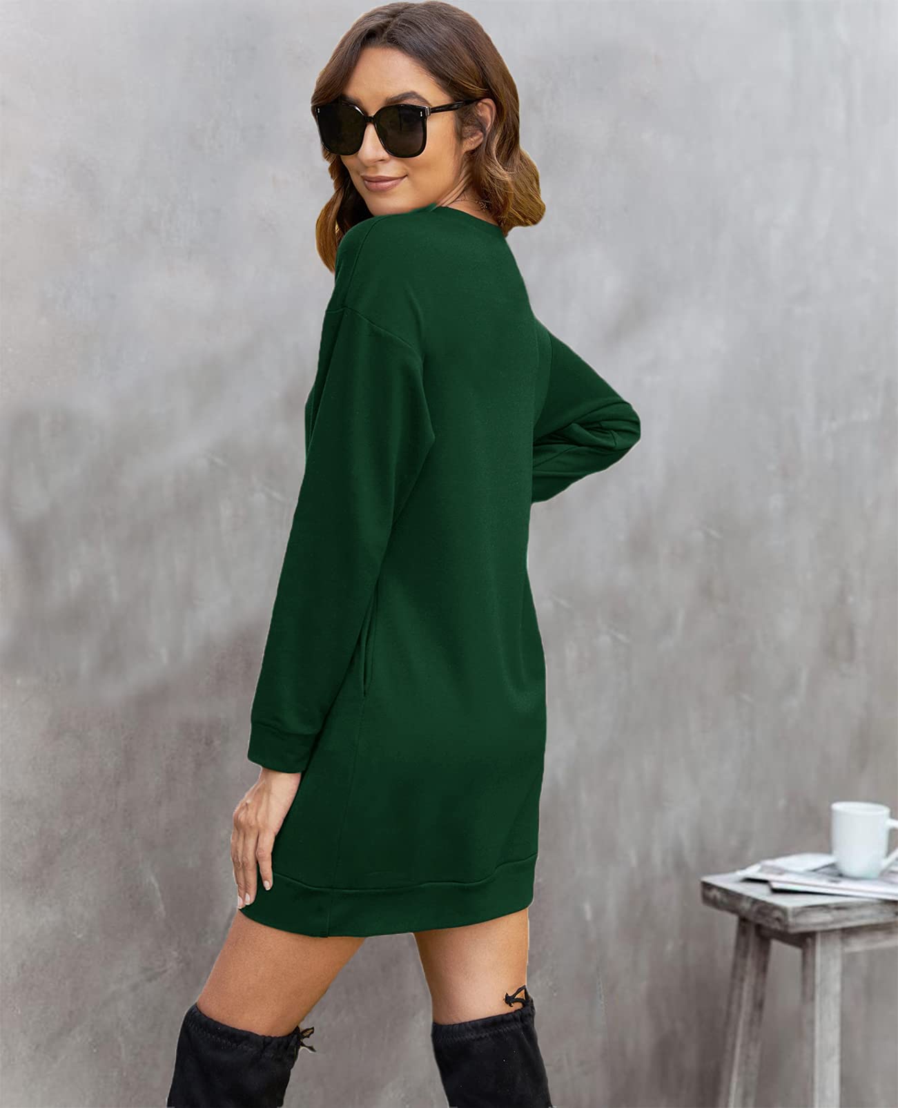 LuckyMore Sweatshirt Dress Women Casual Long Sleeve Tunic Dresses with Pockets Trendy Fall Winter Clothes Dark Green L