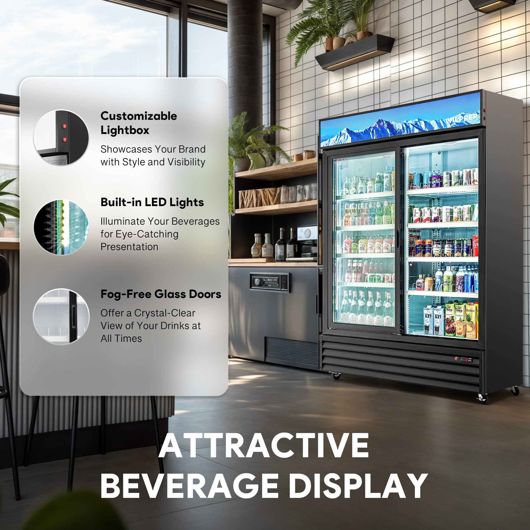 Wilprep Commercial Display Refrigerator, 35.1 cu ft 2 Sliding Door Merchandiser Refrigerator with LED Lights, 52.4 in Upright Beverage Cooler for Restaurant Retail Stores, ETL & ETL Sanitation Listed