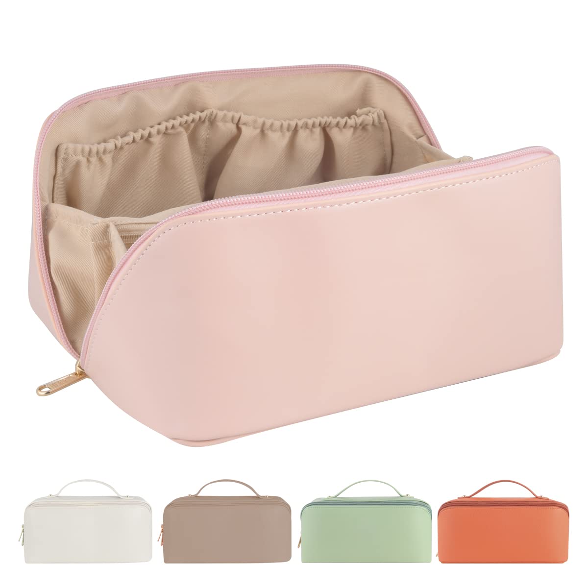 SOUKAHU Large Capacity Travel Cosmetic Bags for Women, PU Leather Makeup Bag,Waterproof Portable Pouch Open Flat Lay Cosmetic Bag Makeup Organizer Bag with Divider and Handle-Khaki