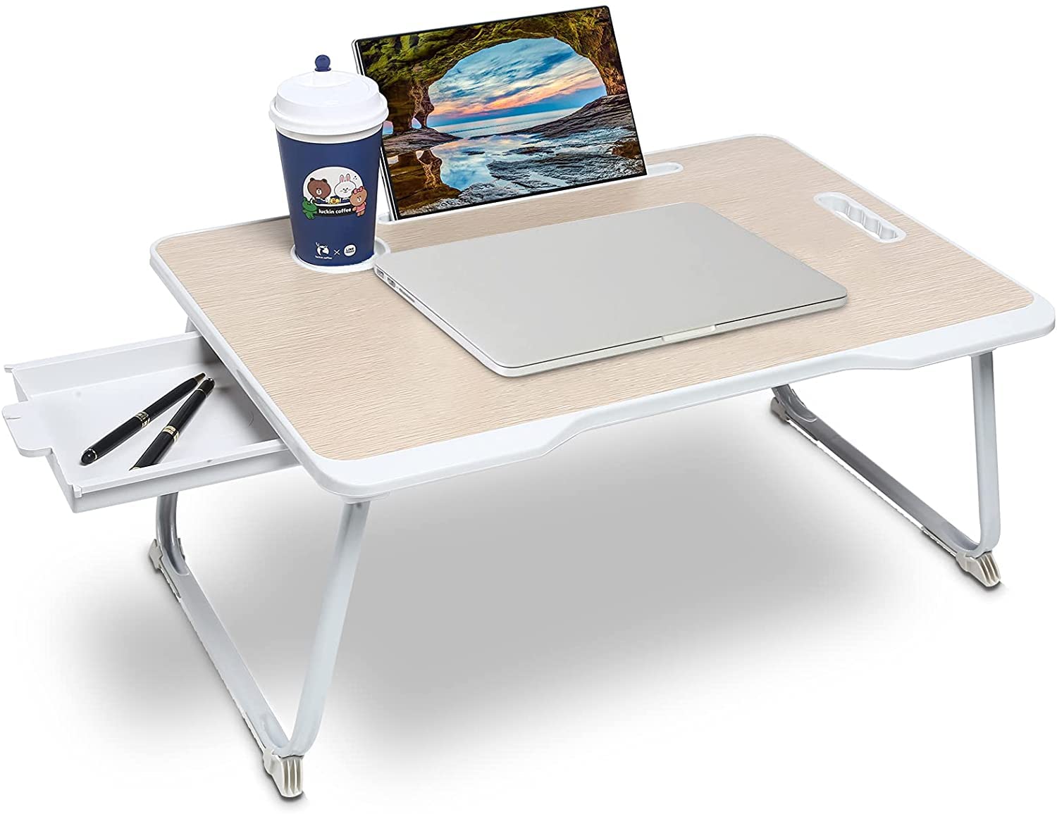 Laptop Desk with Drawer, Astoryou Portable Laptop Bed Tray Table Notebook Stand Reading Holder Built in Convenient Handle & Foldable Legs & Cup Slot for Bed/Sofa/Couch/Floor (Beige)