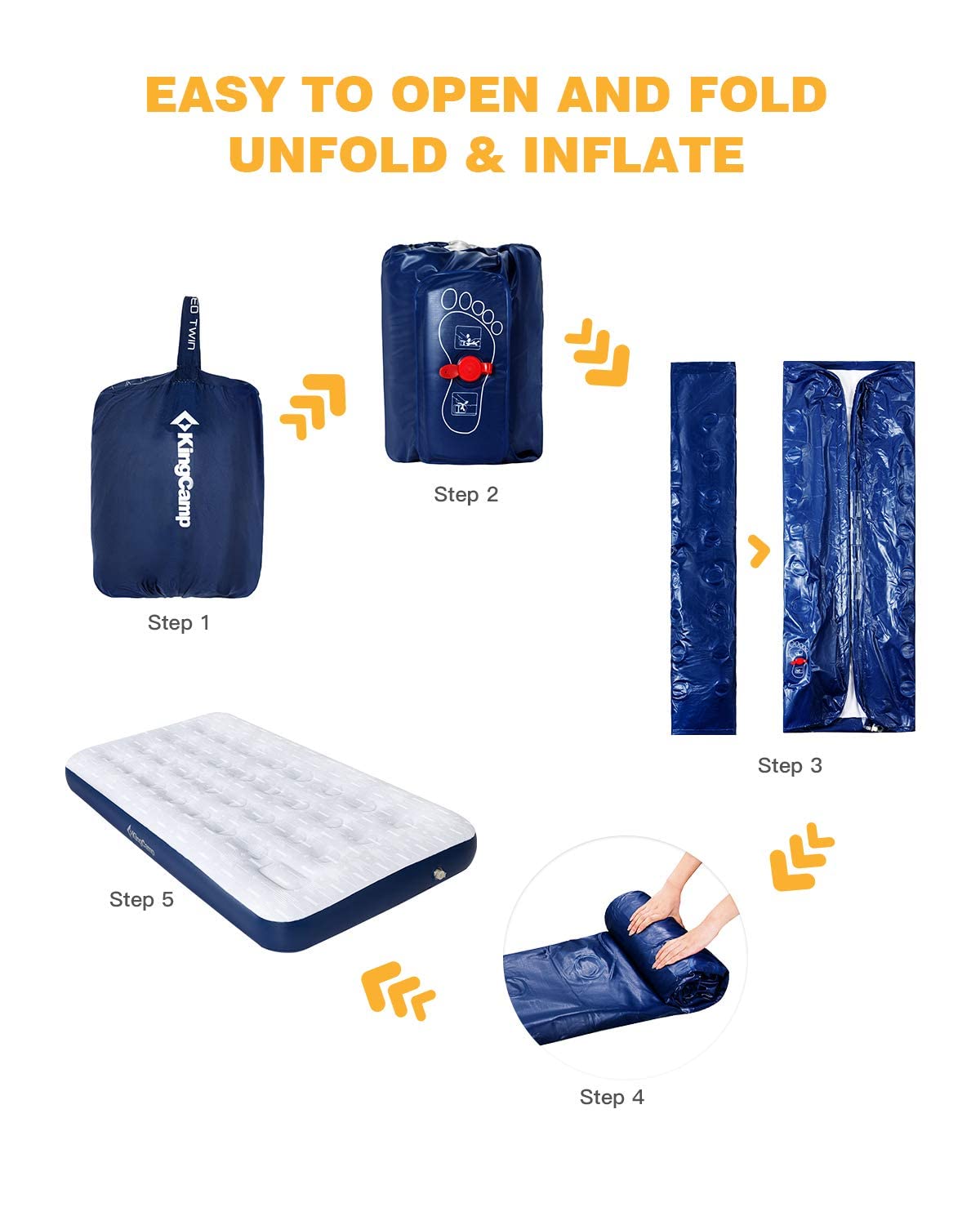 KingCamp Sleeping Pad Premium Luxury Classic Comfort Airbed Coil-Beam Technology Mattress with Built-in Foam Pump and Stuff Bag for Outdoor and Indoor, Twin Size, Navy