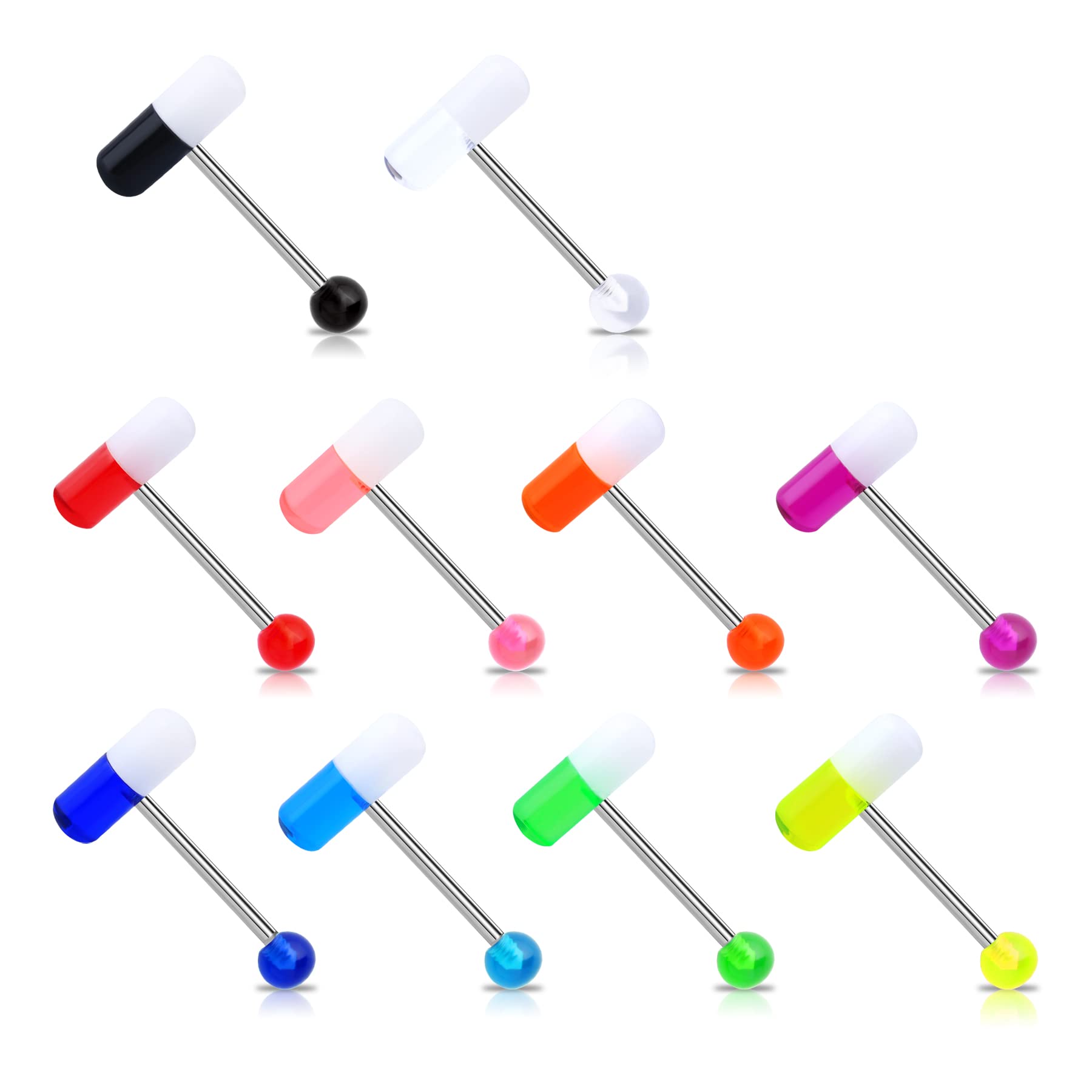 Melighting 10Pcs Pill Tongue Ring Barbell 14G Surgical Steel Tongue Rings with Mix-Color Uv Shaped Tongue Piercings Tongue Ring with Ball Piercing Jewelry for Women Men Set 16mm