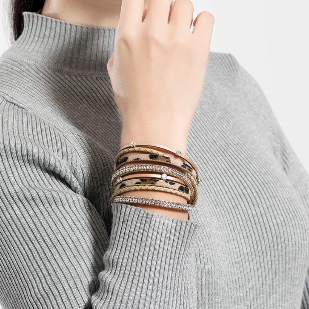 lureme Leather Leopard Wrap Bracelet with Rhinestones Magnetic Clasp Bracelet for Women (bl003513-4) Khaki