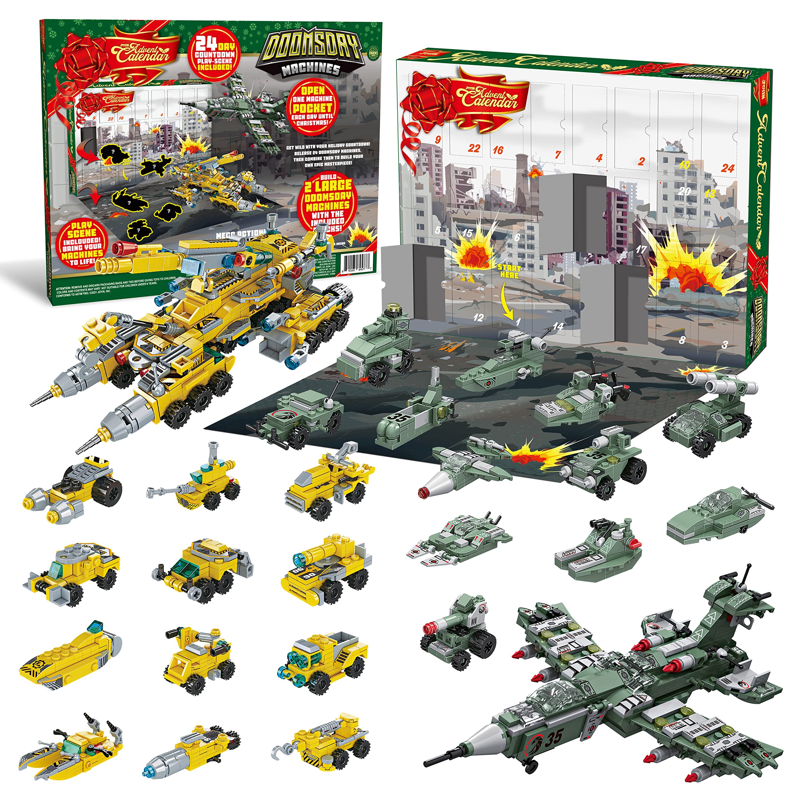 JOYIN 2021 Christmas Advent Calendar 24 Days Countdown Calendar with Construction Vehicle Cars and Military Fighter Building Blocks