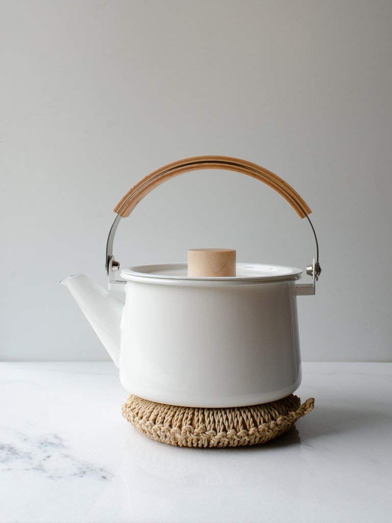 Kaico Kettle 1.45L(49oz) By Makoto Koizumi Spotless Enamel-Coated Steel Stunning Beech Wood Handle Maple Knob Clean Minimalist Design Brightening Kitchen