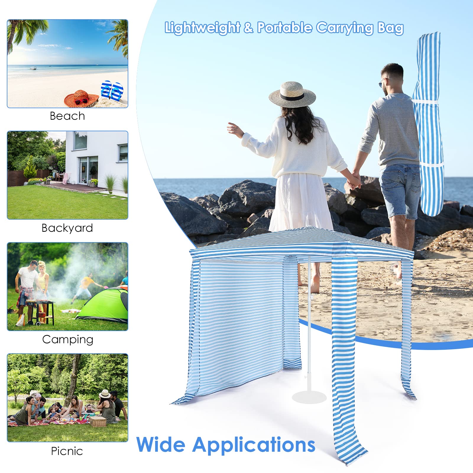 MIDDOW Beach Cabana, 6.7โ x 6.8โ Easy to Set up Beach Tent w/ Adjustable Height, Detachable Sidewall, Carry Bag, 4 Sandbags, NP10352BL Sun Shelter