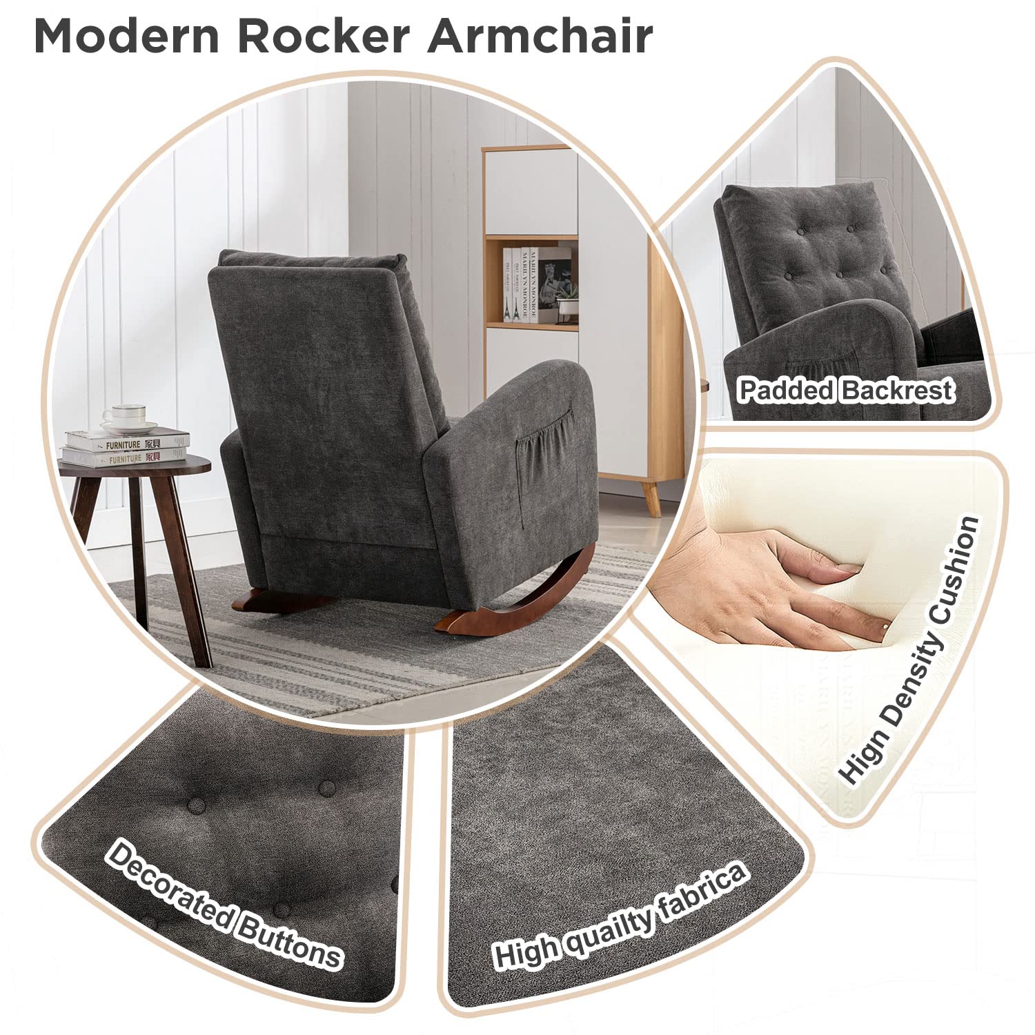 Rocking Chair Modern,Upholstered Glider Rocker Chair for Nursery,Comfy Armchair with Side Pocket for Living Room (Dark Grey)