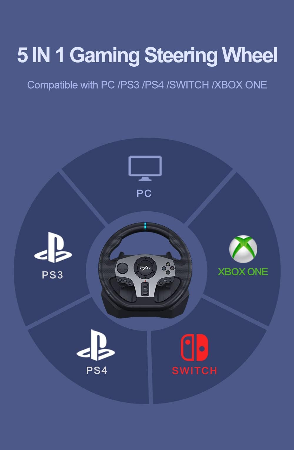 PXN V9 Gaming Racing Steering Wheel, 270/900° Car Simulation, with 3-Pedals and Shifter Bundle Pedal, Paddle Shifters Driving Wheel for PS4, Xbox Series X|S, PS3, PC, Xbox One, Nintendo Switch