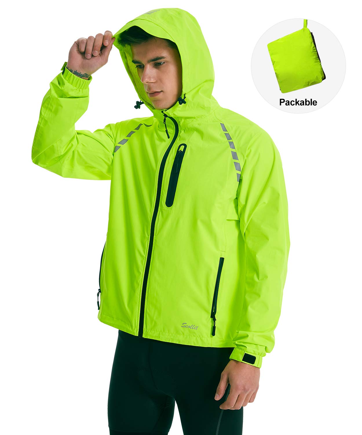 Men’s Cycling Running Jackets Waterproof Windbreaker Lightweight Hooded Packable High Visibility Bike Biking Bicycle Breathable Rain Jacket Reflective Windproof Raincoat Fluorescent Yellow XXL