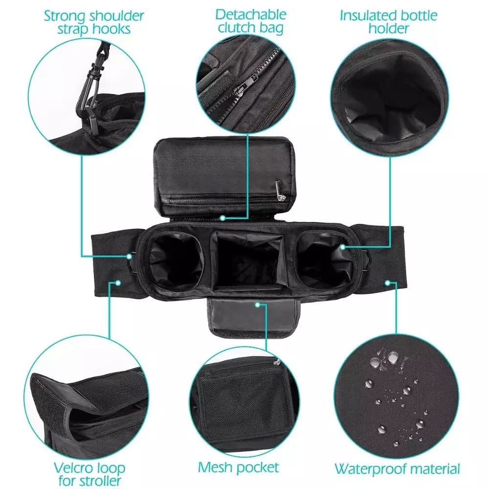 Universal Baby Stroller Organizer with Diaper Storage, Insulated Cup Holders, Secure Straps, Detachable Bag, Pockets for Toys, Phone and Keys for Parents. Non-Slip Design, Fit All Strollers.