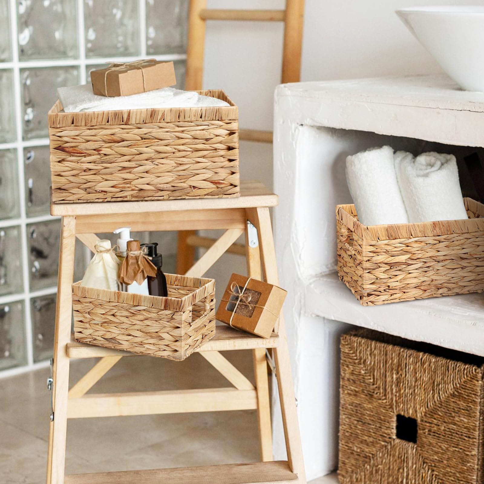 Wicker Baskets for Storage Organizing - 3 Pack Large Wicker Bins & Medium Water Hyacinth Storage Baskets with Small Hand Woven Baskets for Home Organization Pantry Shelf