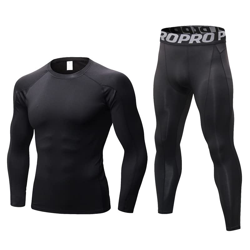Mens Compression Set Long Sleeve Football Undershirts and Running Tights Cool Workout Baselayer Top & Bottom