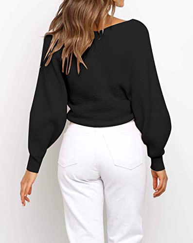 ZCSIA Women's Wrap V Neck Cropped Sweaters 2023 Fall Long Sleeve Cross Front Off Shoulder Solid Knitted Pullover Tops,Black,XLarge