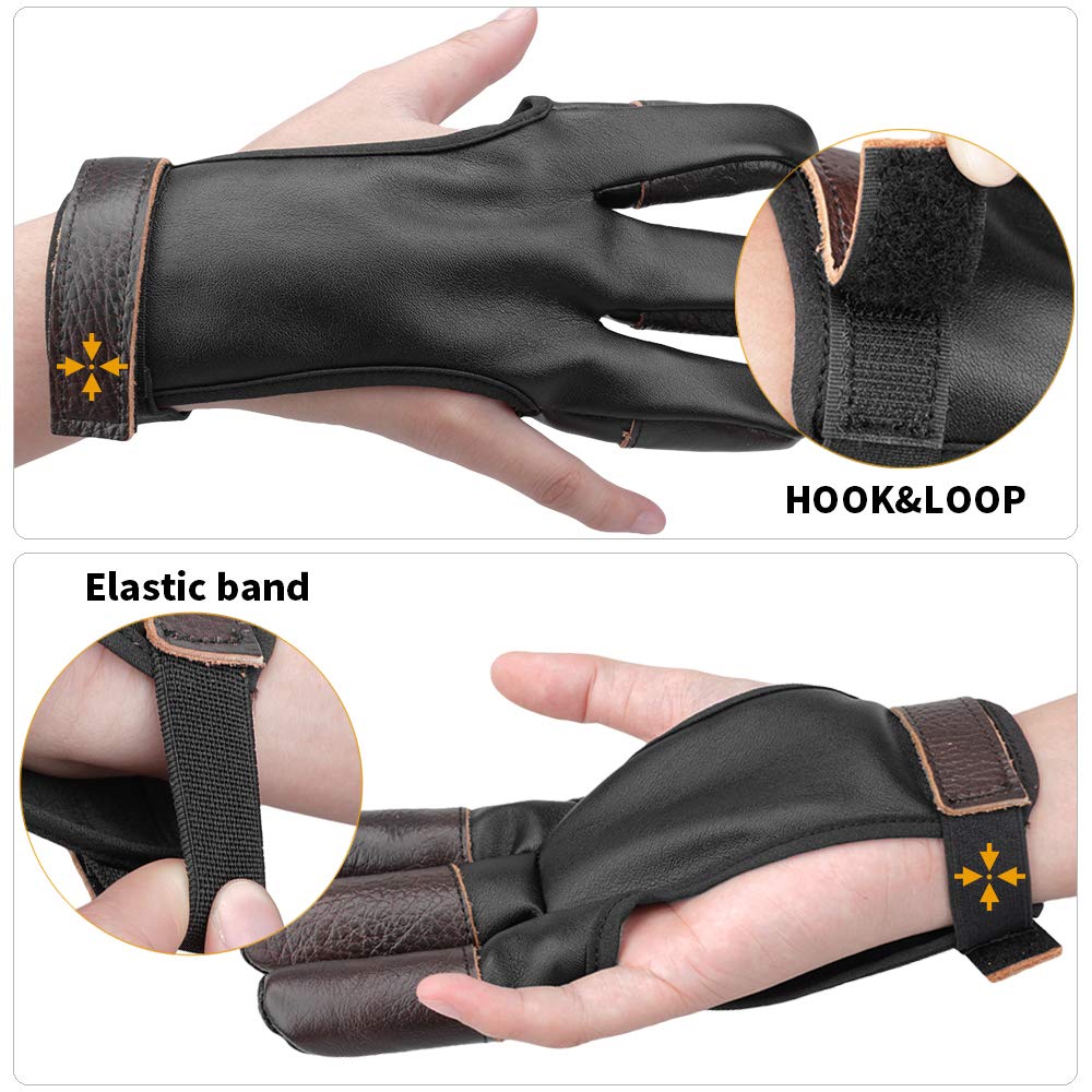 KRATARC Archery Glove Finger Protector Three Fingers Tab Leather Guard Lightweight Compact for Hunting Shooting Bow (Black, L)