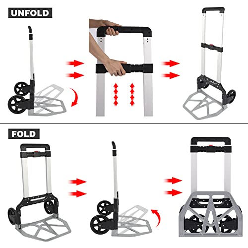 RedSwing Folding Hand Truck 330lbs, Aluminium Portable Hand Cart with Telescoping Handle, Heavy Duty Dolly with 2 Rubber Wheels, Silver