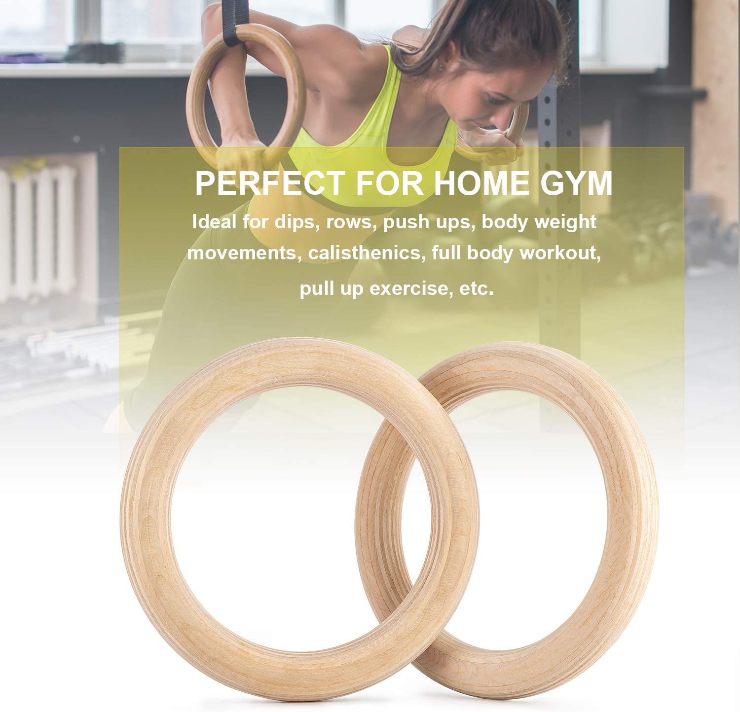 juperbsky Gymnastic Rings Workout Set with Adjustable Straps for Full Body Strength Training and Bodyweight Crossfit Exercise (Wood)