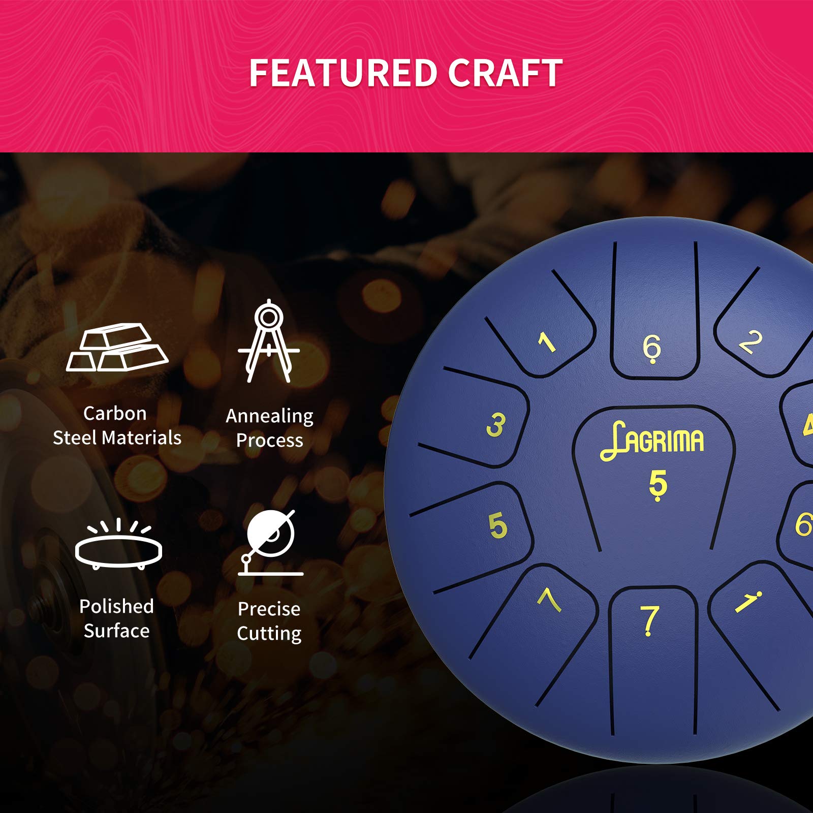 LAGRIMA Steel Tongue Drum, 11 Notes 10 Inches Percussion Instrument with Drum Mallets Note Stickers Finger Picks Mallet Bracket and Gig Bag, Dark Blue