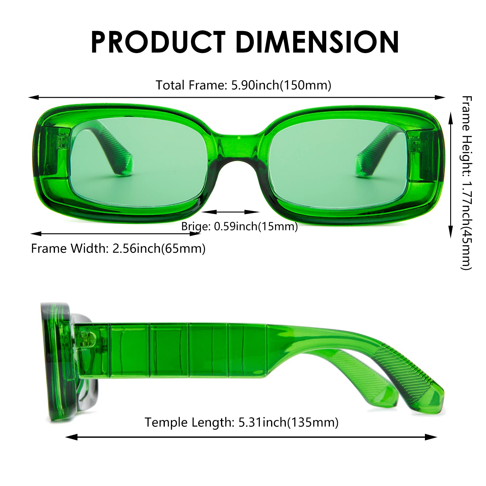 NULOOQ Y2K Trendy Aesthetic Rectangle Sunglasses for Women Men 90's Retro Thick Frames Cool Funky Sun Glasses (Green Frame/Green Lens)