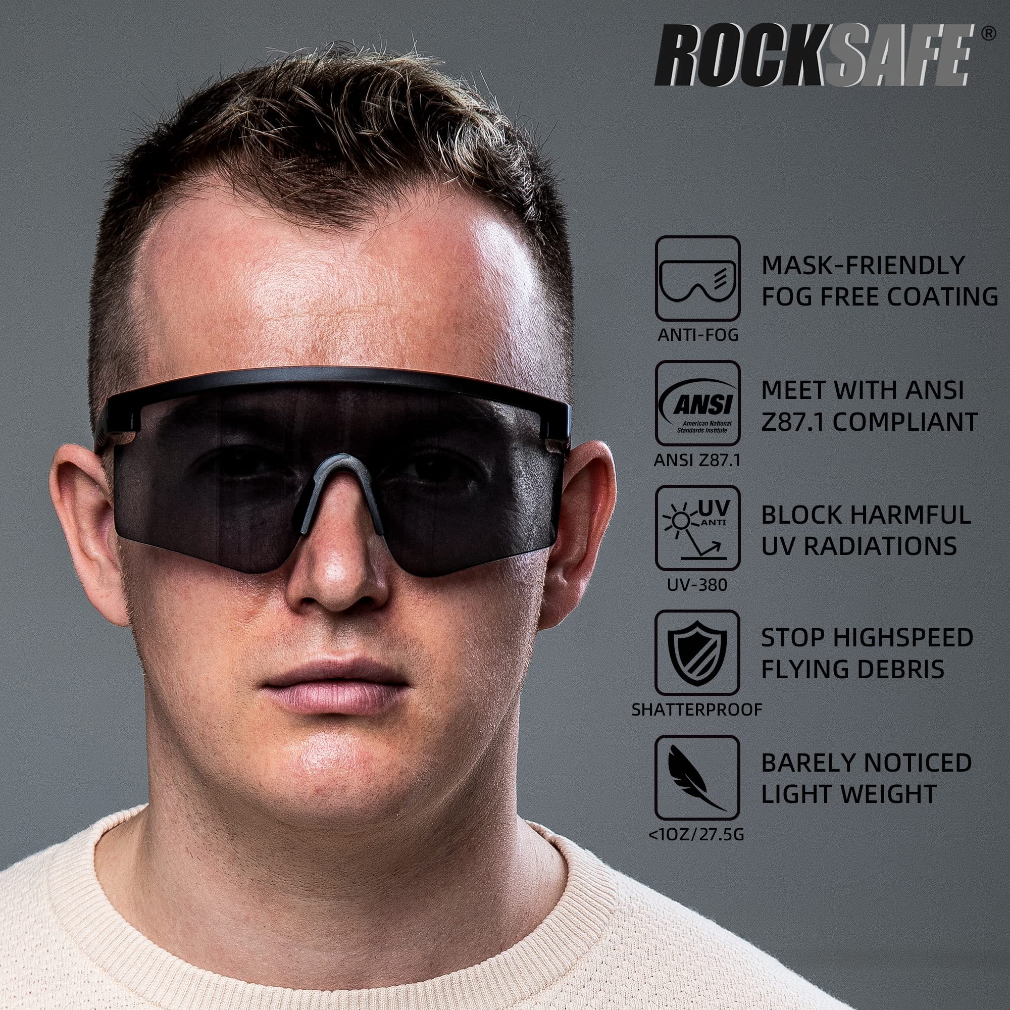 ROCKSAFE Z87.1 Anti-Fog Safety Glasses, Lightweight Polycarbonate Impact Resistant, Oversize UV Protective Eyewear [Pack of 1]