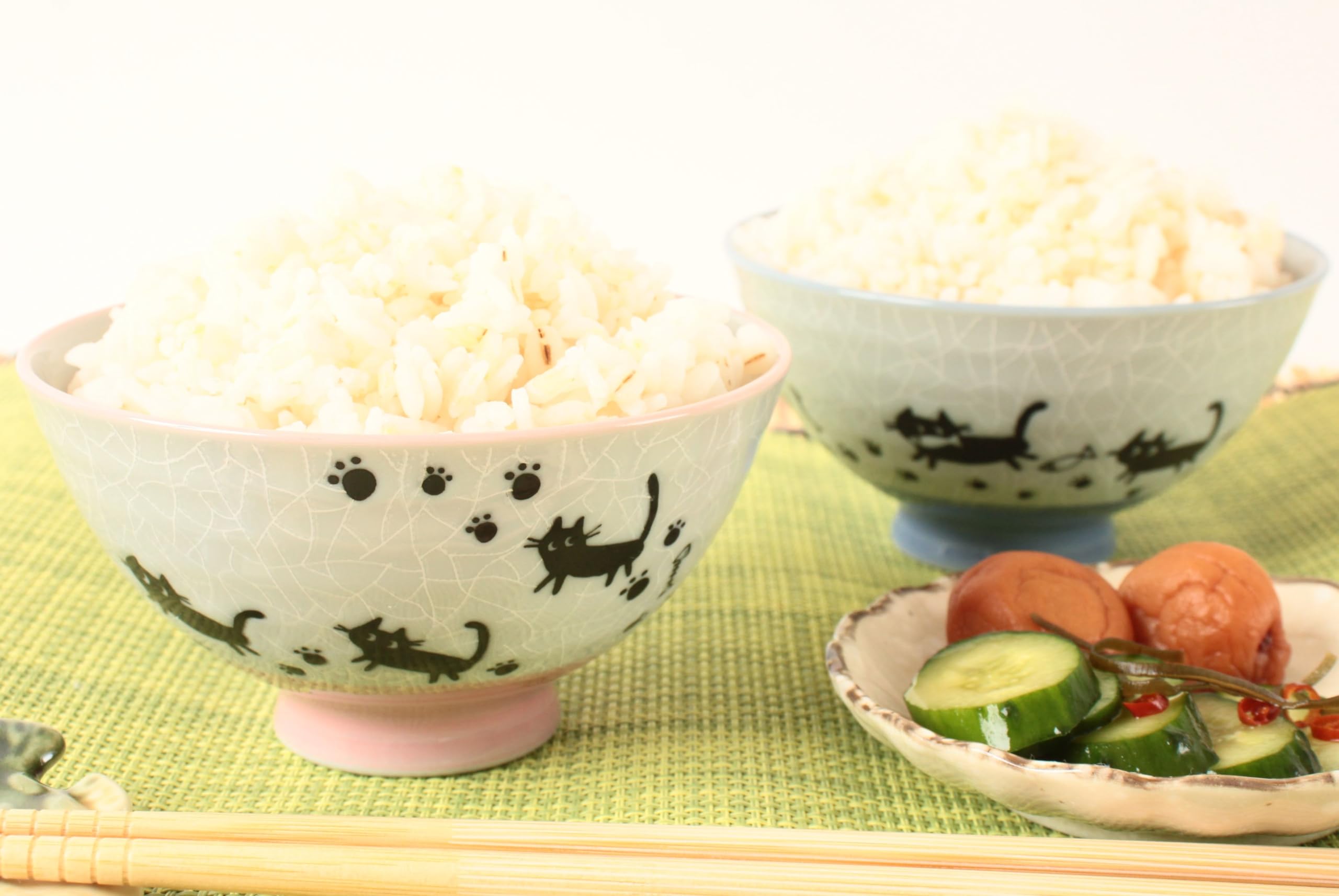 Mino ware Japanese Pottery Pair Rice Bowl Black Cats & Foot Prints Blue & Pink made in Japan (Japan Import) MIG005